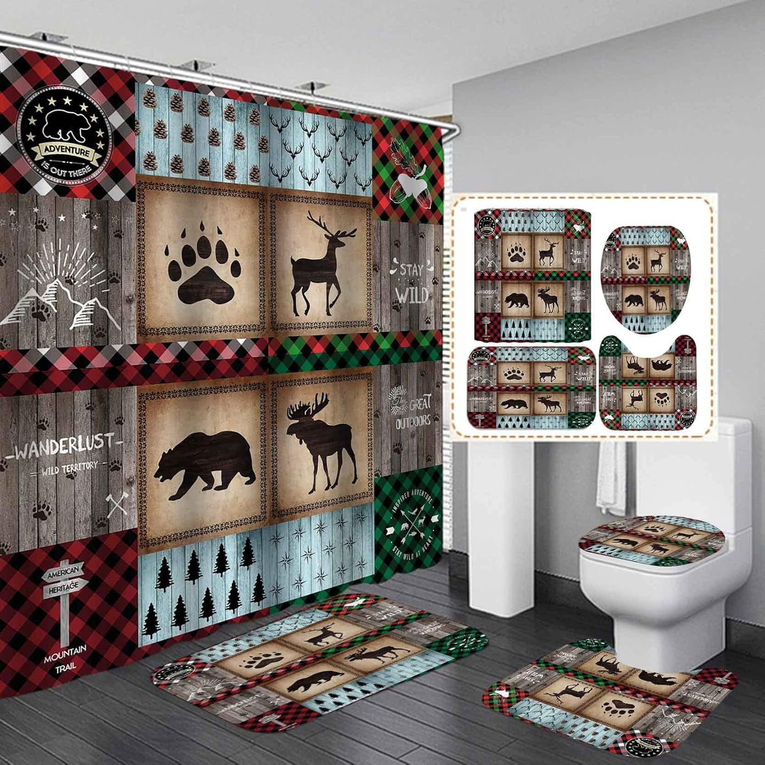 4PCS Camo Shower Curtain Sets With Rugs, Waterproof Fabric Black Orange ...