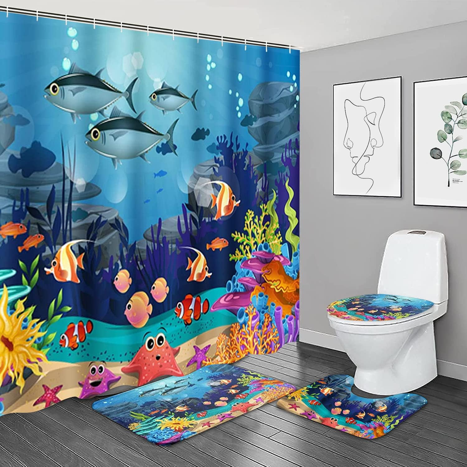 4PCS Cartoon Ocean and Creature Shower Curtain Set with Non-Slip Rugs ...