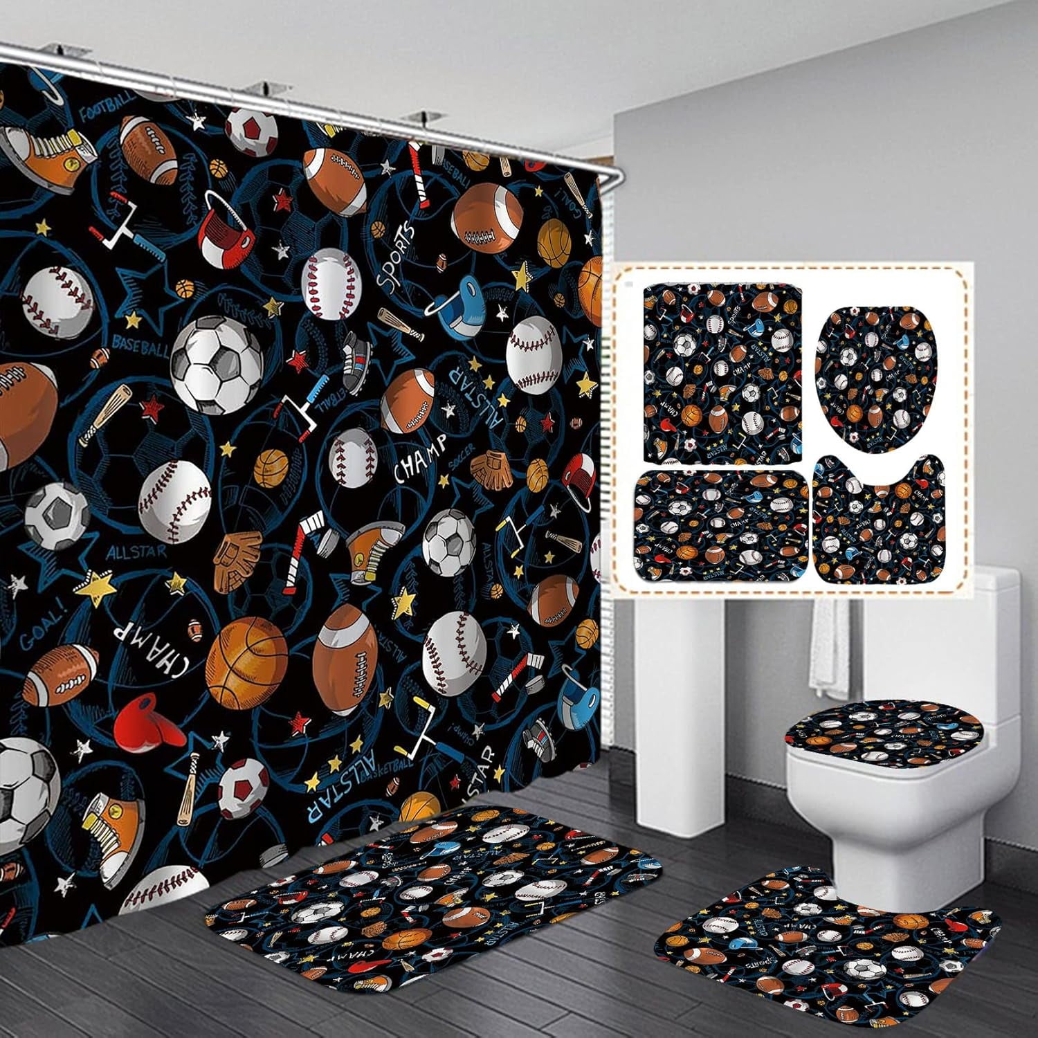 4PCS Cartoon Sports Shower Curtain Set, Colorful Graffiti Splash Paint ...