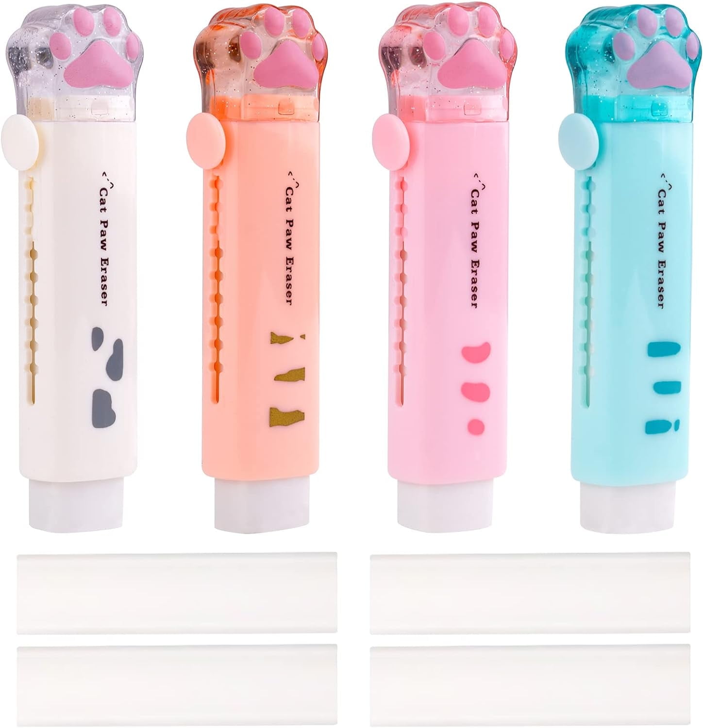 4PCS Cat Paw Sliding Retractable Pencil Eraser and 4 Refill Erasers ...