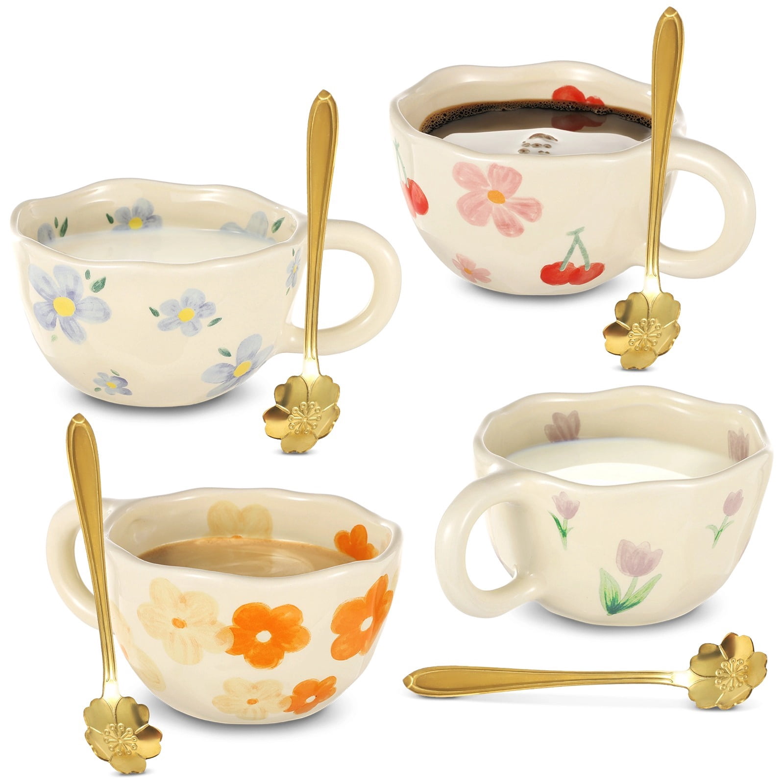4PCS Ceramic Cute Mugs, Flower Coffee Mugs with Spoons, 300ml Aesthetic ...