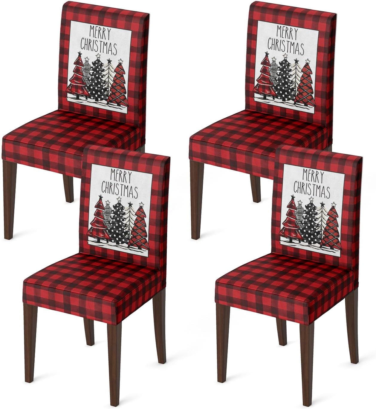 4PCS Christmas Dining Chair Covers,Red Buffalo Plaid Trees Stretch ...