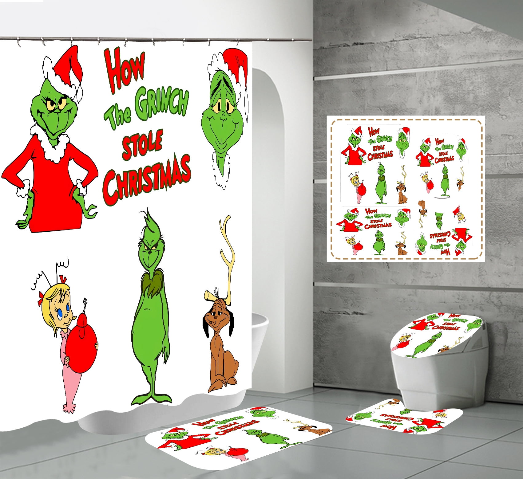 4PCS Christmas Grinch shower curtain bathroom toilet mat set - Walmart.com