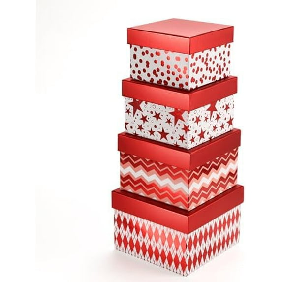 4PCS Christmas Nesting Gift Boxes Set, Metallic Red Foil Geometry Flat ...