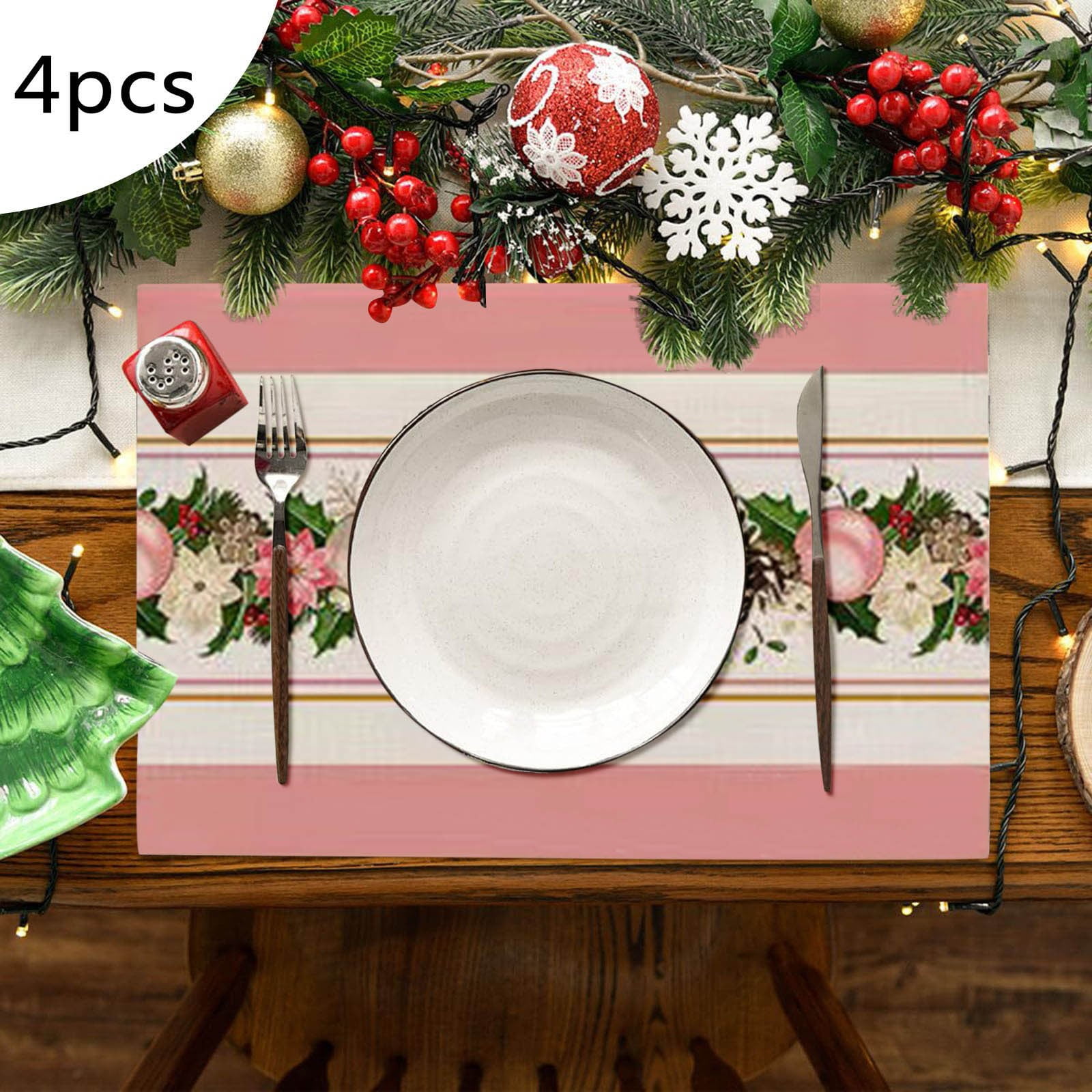 4PCS Christmas Placemat Flax Tablecloth Thermal Mat Kitchen Table ...
