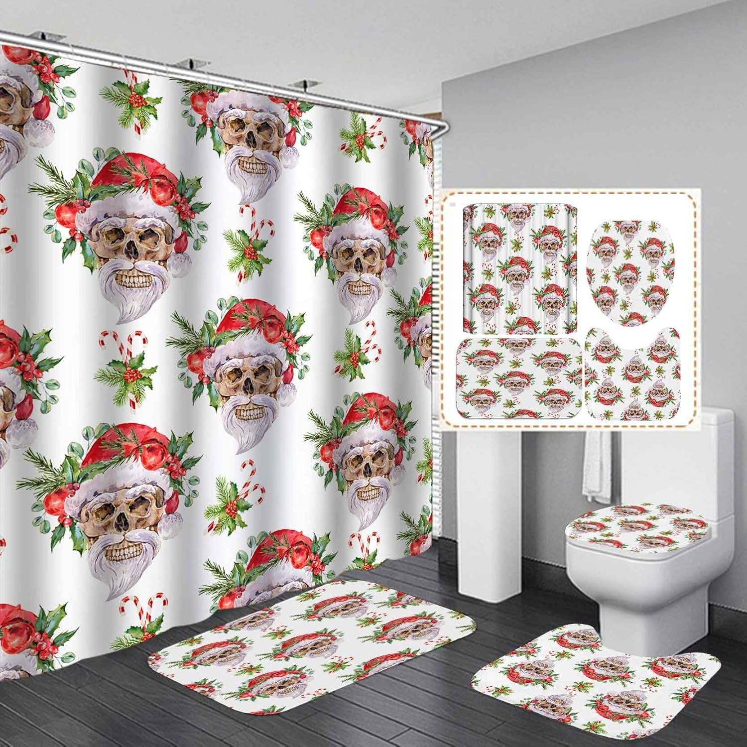 4PCS Christmas Shower Curtain Set, Black White Red Plaid Gnome Snowman ...