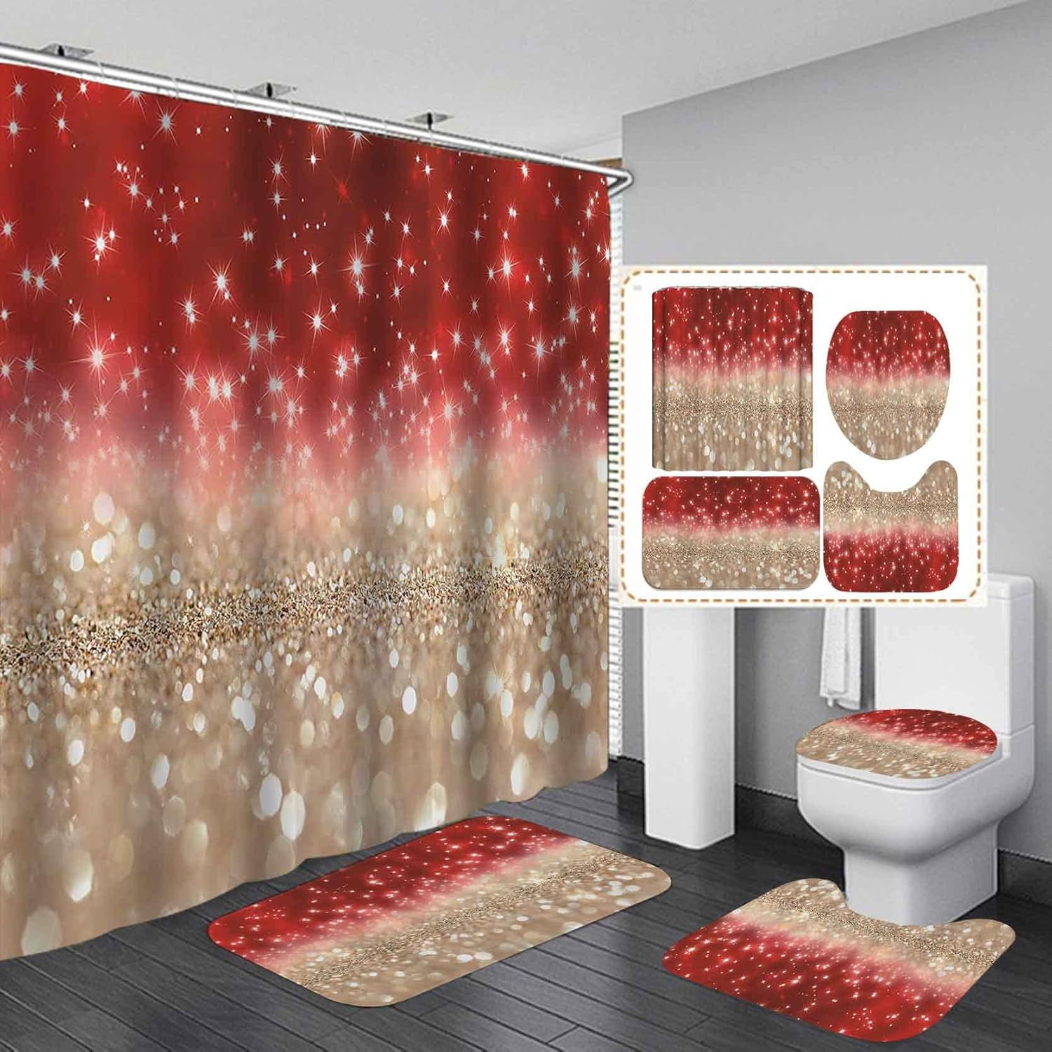 4PCS Christmas Shower Curtain Set, Black White Red Plaid Gnome Snowman ...