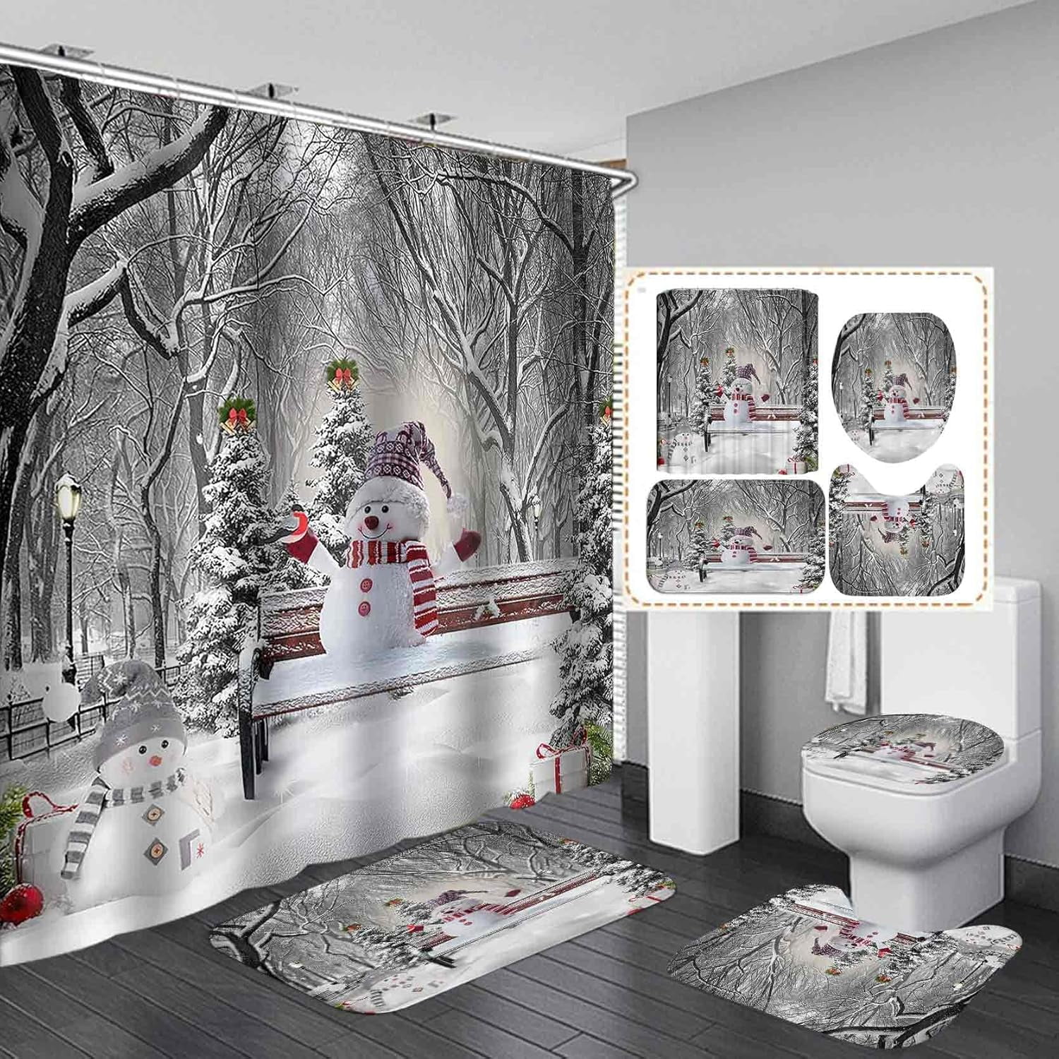 4PCS Christmas Shower Curtain Set, Green Pine Tree Branches Xmas Balls Winter Holiday Happy New ...