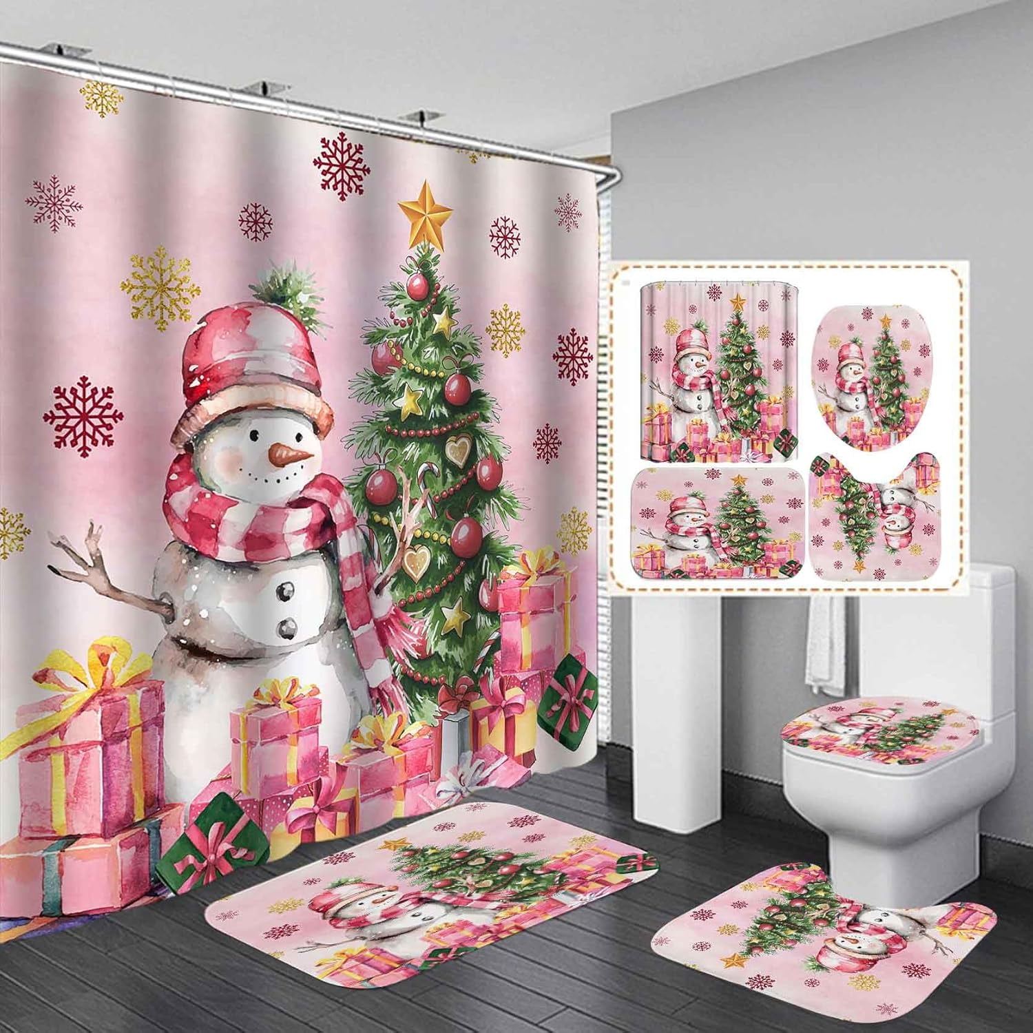 4PCS Christmas Shower Curtain Set, Snowflake Green Pine Tree Winter Holiday New Year Bathroom ...