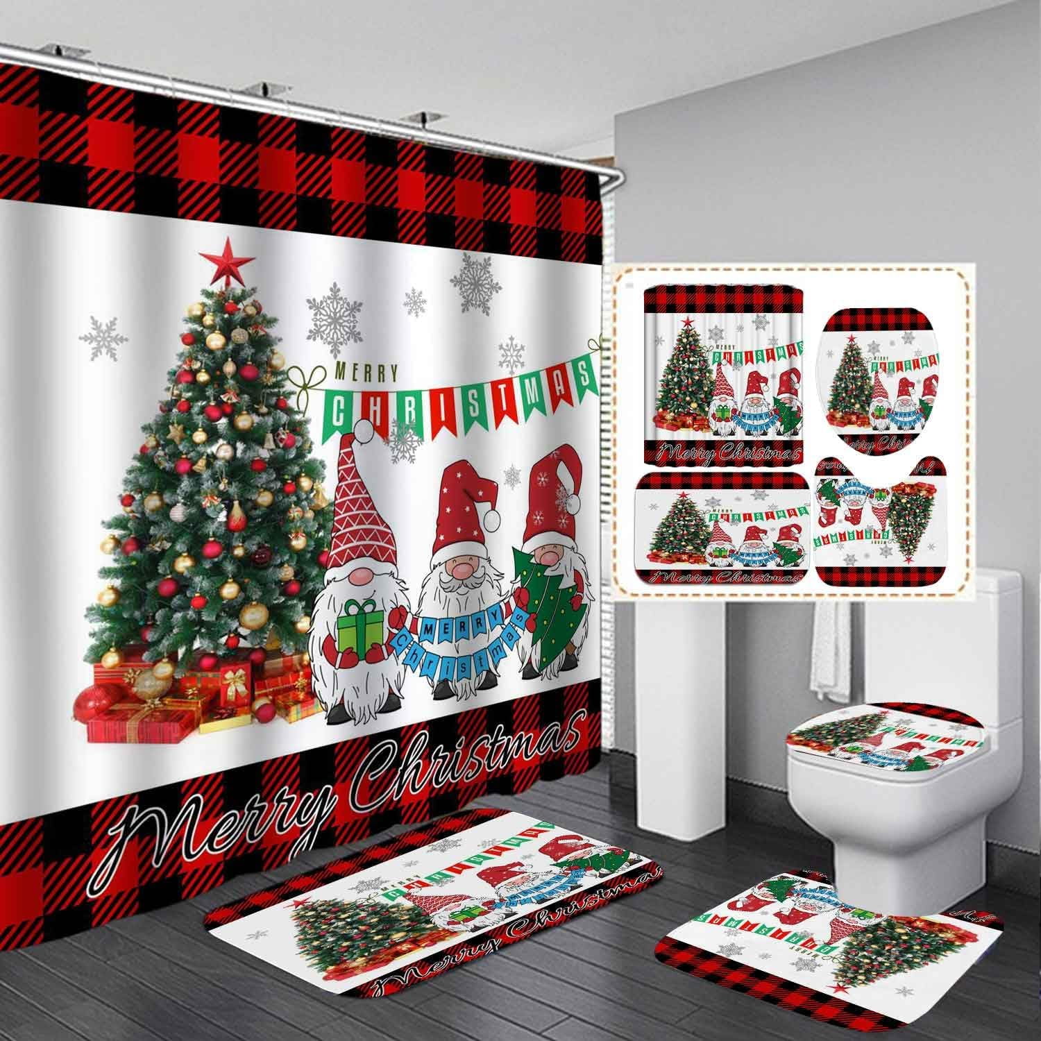 4PCS Christmas Snowman Shower Curtain Sets with Rugs, Waterproof Fabric ...
