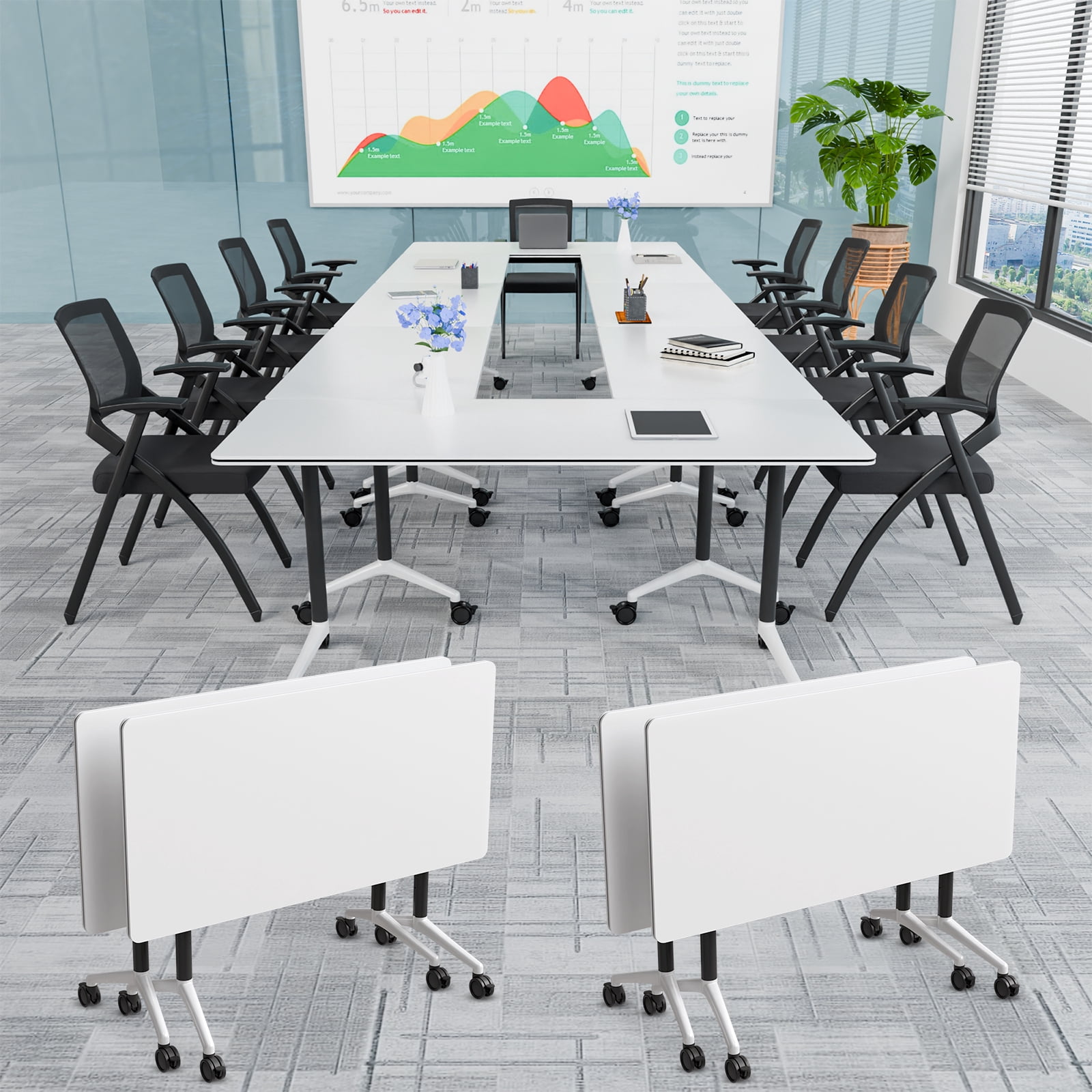 4PCS Conference Table with Wheels, 55.1“ Folding Conference Table, Flip ...