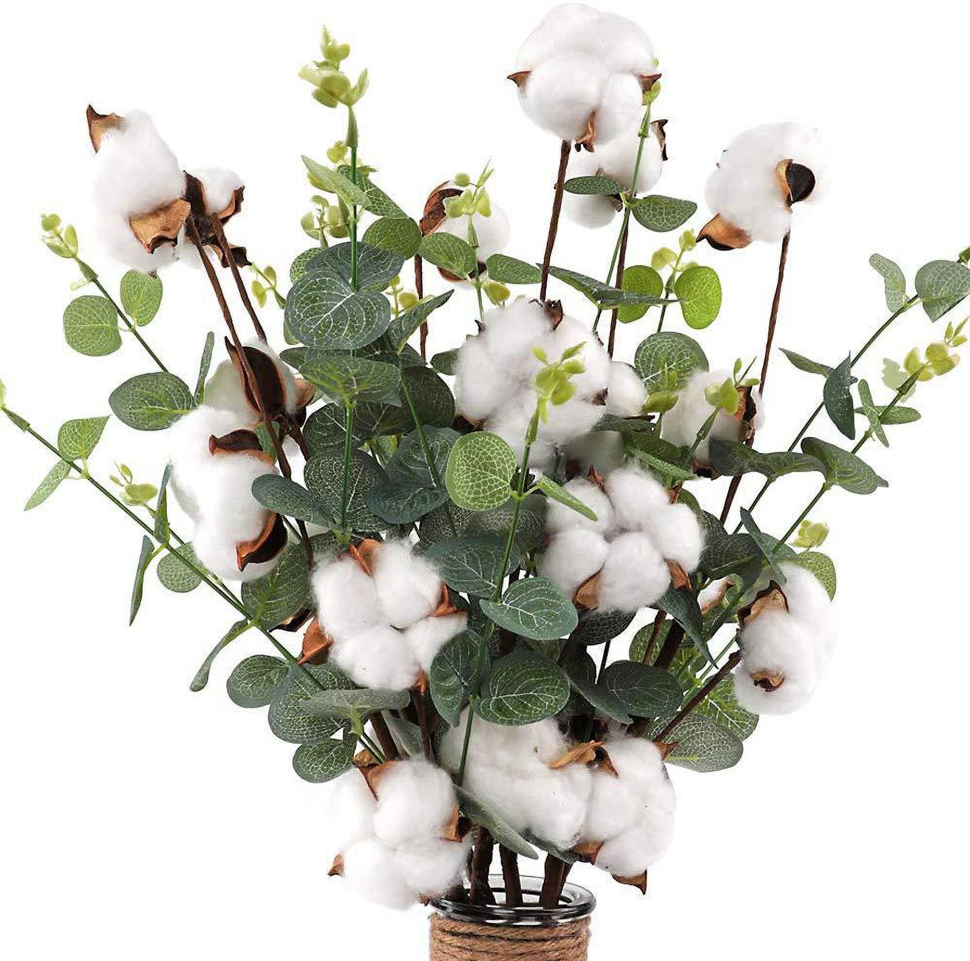 4PCS Cotton Stems with Eucalyptus Leaves, Fake Cotton Flowers Dried ...