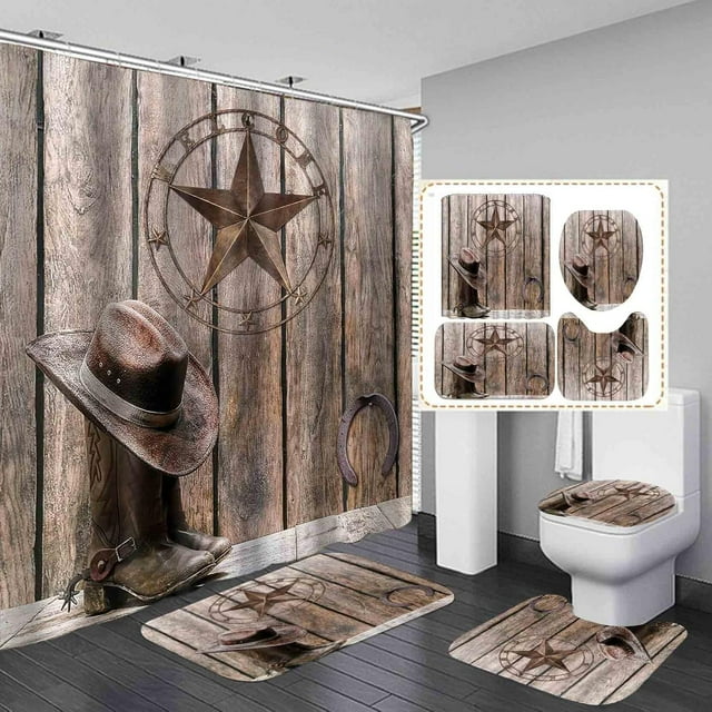 4PCS Cowboy Shower Curtain Set, Cowboy Hat Boots Horse Cow Skull Snake ...
