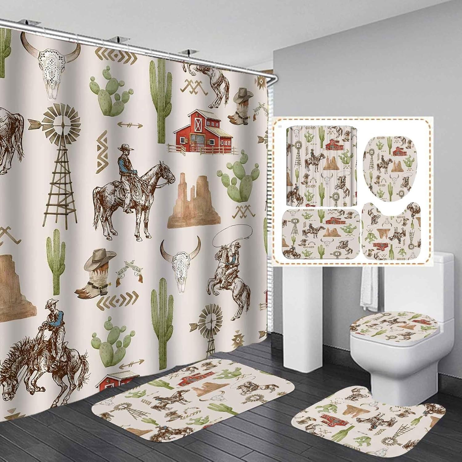 4PCS Cowgirl Shower Curtain Set, Groovy Funky Disco Horseshoe Cowboy ...