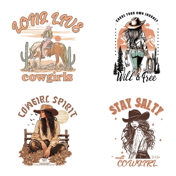 4PCS Cowgirls Iron on Transfer Paper Western Cowgirl DIY Colorful Heat ...