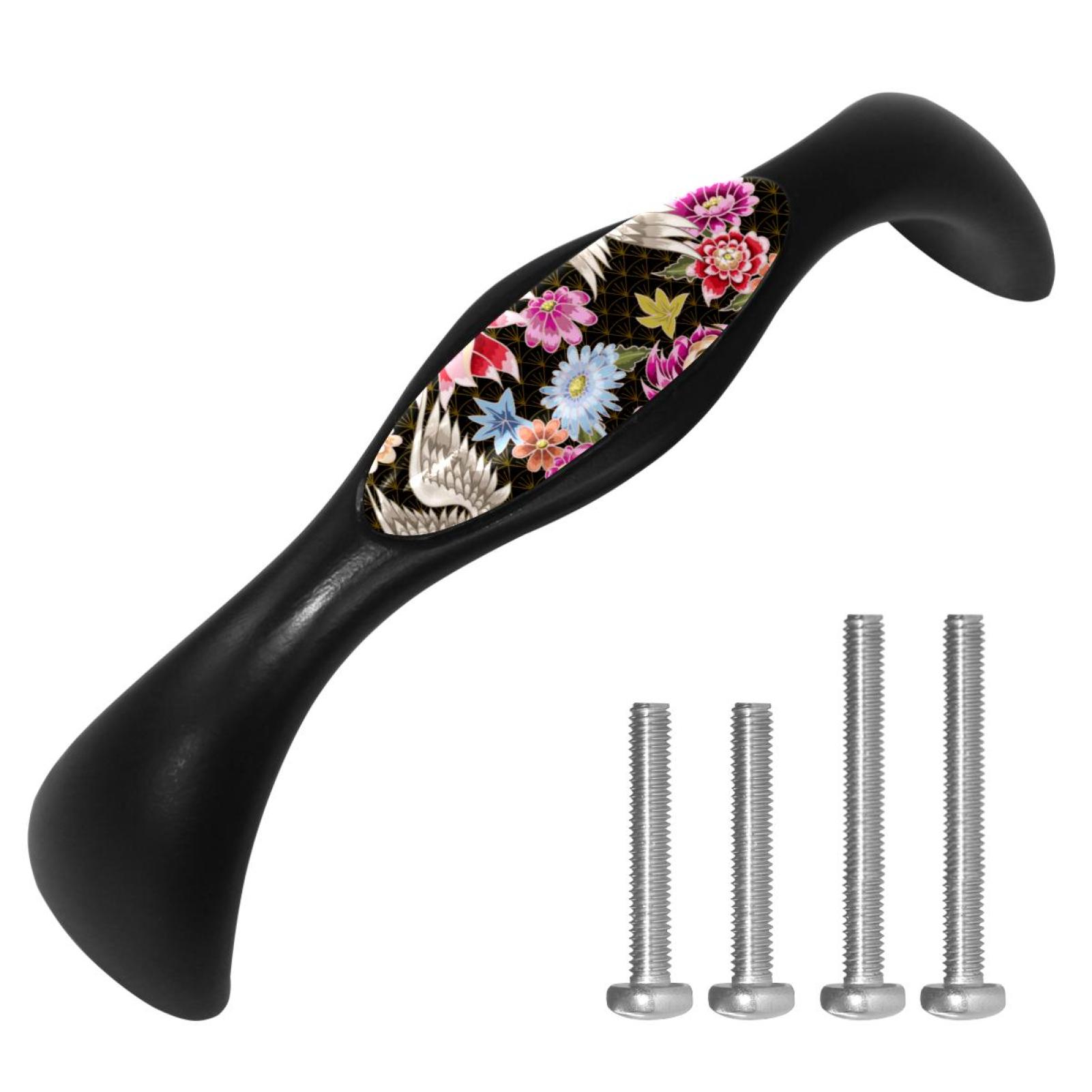4PCS Crane Chrysanthemum Arched Drawer Pulls Crystal Glass Black Knobs ...
