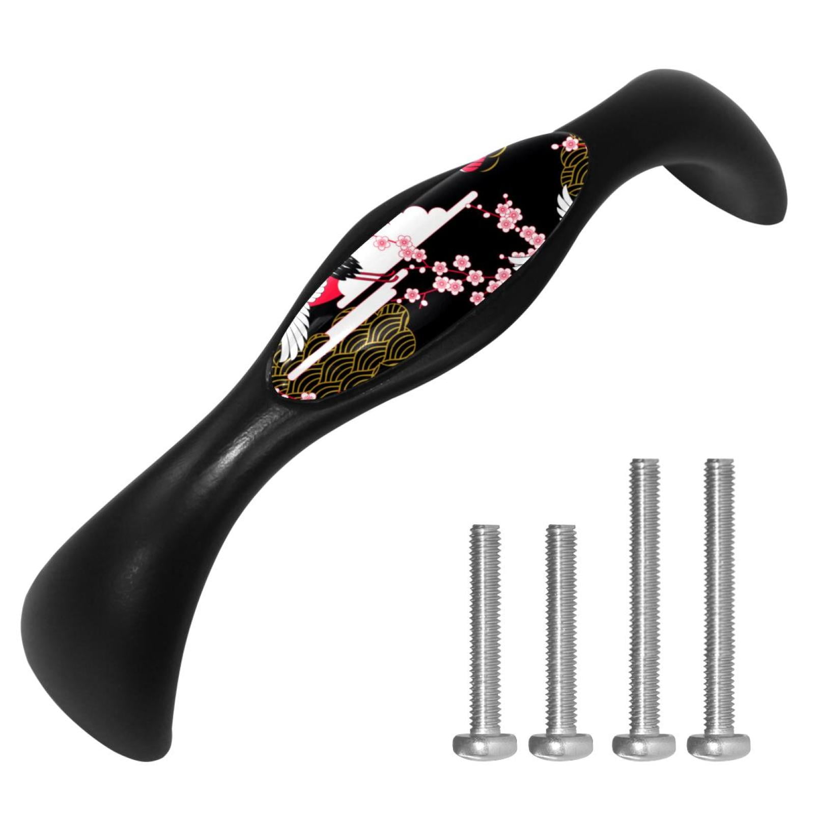 4PCS Cranes Sakura Arched Drawer Pulls Crystal Glass Black Knobs with ...