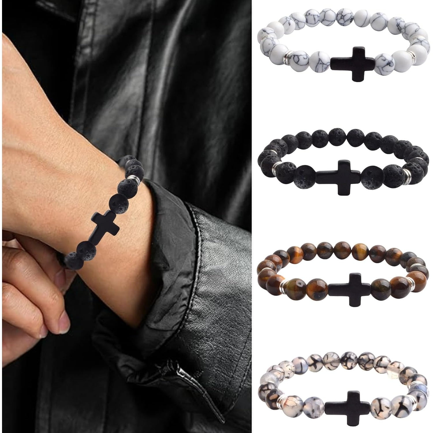 4PCS Cross Bracelet For Men Set 8 mm Healing Lava Stone Stretch ...