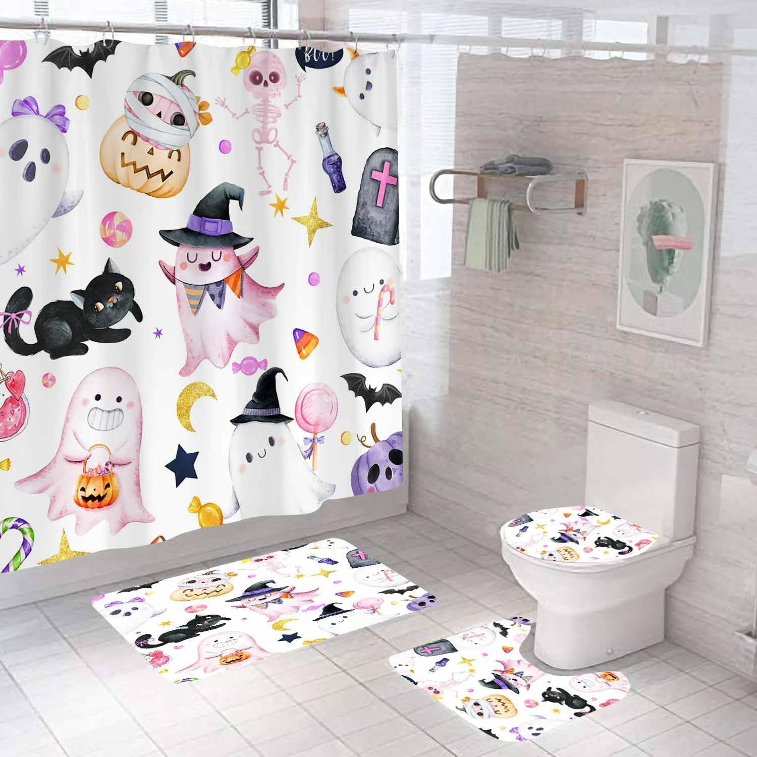 4PCS Cute Ghost Shower Curtain Sets With Rugs, Fun Halloween Shower ...