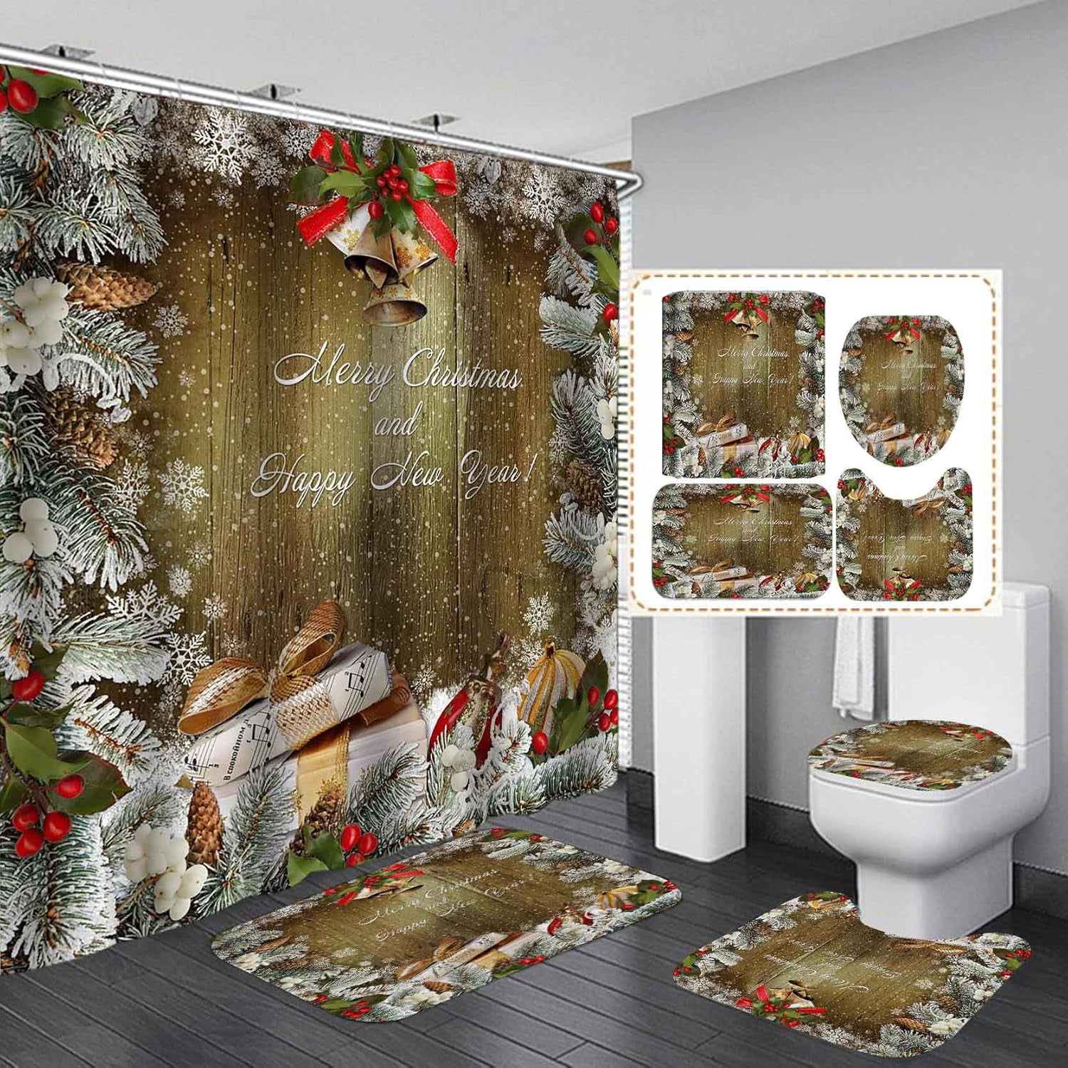 4PCS Cute Santa Claus Shower Curtain Set, White Red Buffalo Plaid ...