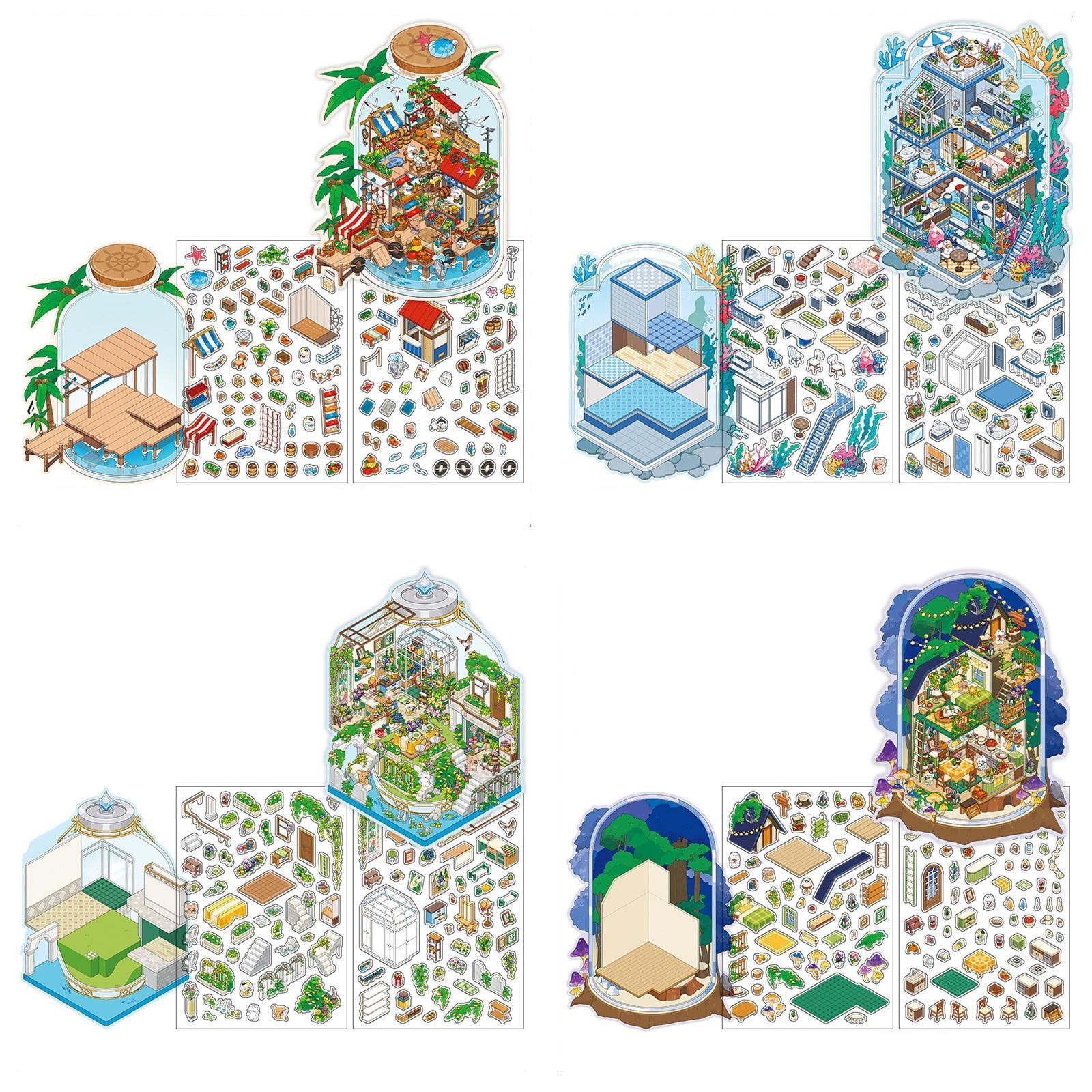 4PCS DIY 3D House Stickers Set Reusable 3D Cartoon Scene Stickers Funny ...