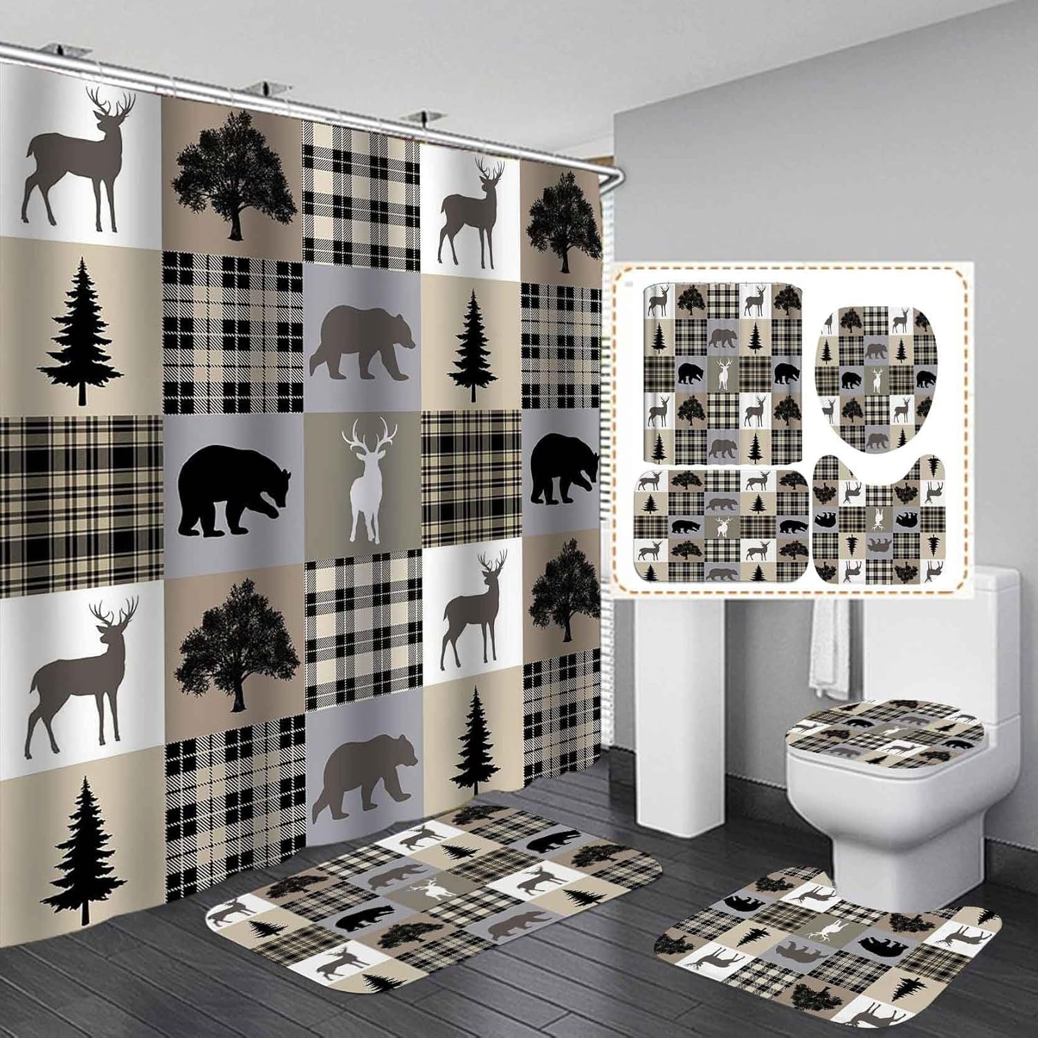 4PCS Deer Antler Shower Curtain Set with Rugs, Green Pine Tree Misty ...