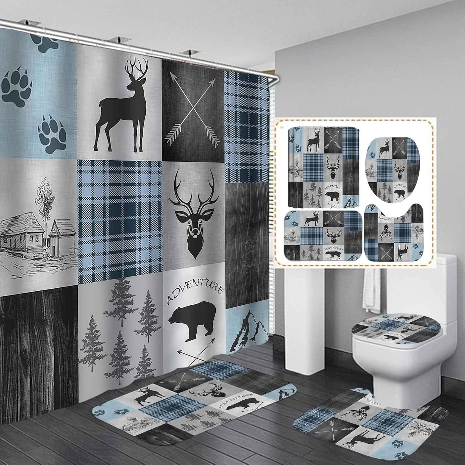 4PCS Deer Shower Curtain Set, American Flag Elk Moose Antler Woodland ...