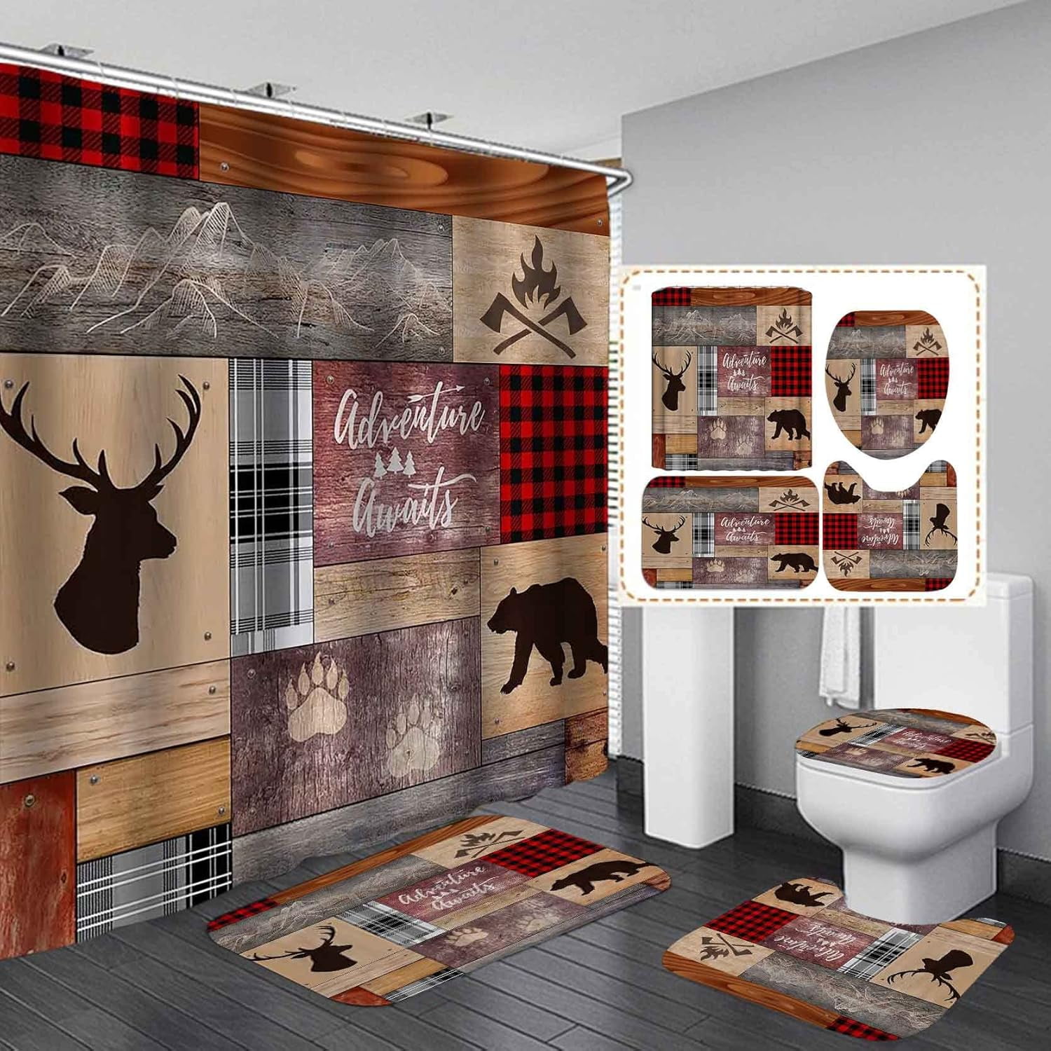 4PCS Deer Shower Curtain Set, Elk Moose Mallard Duck Woodland Animals ...