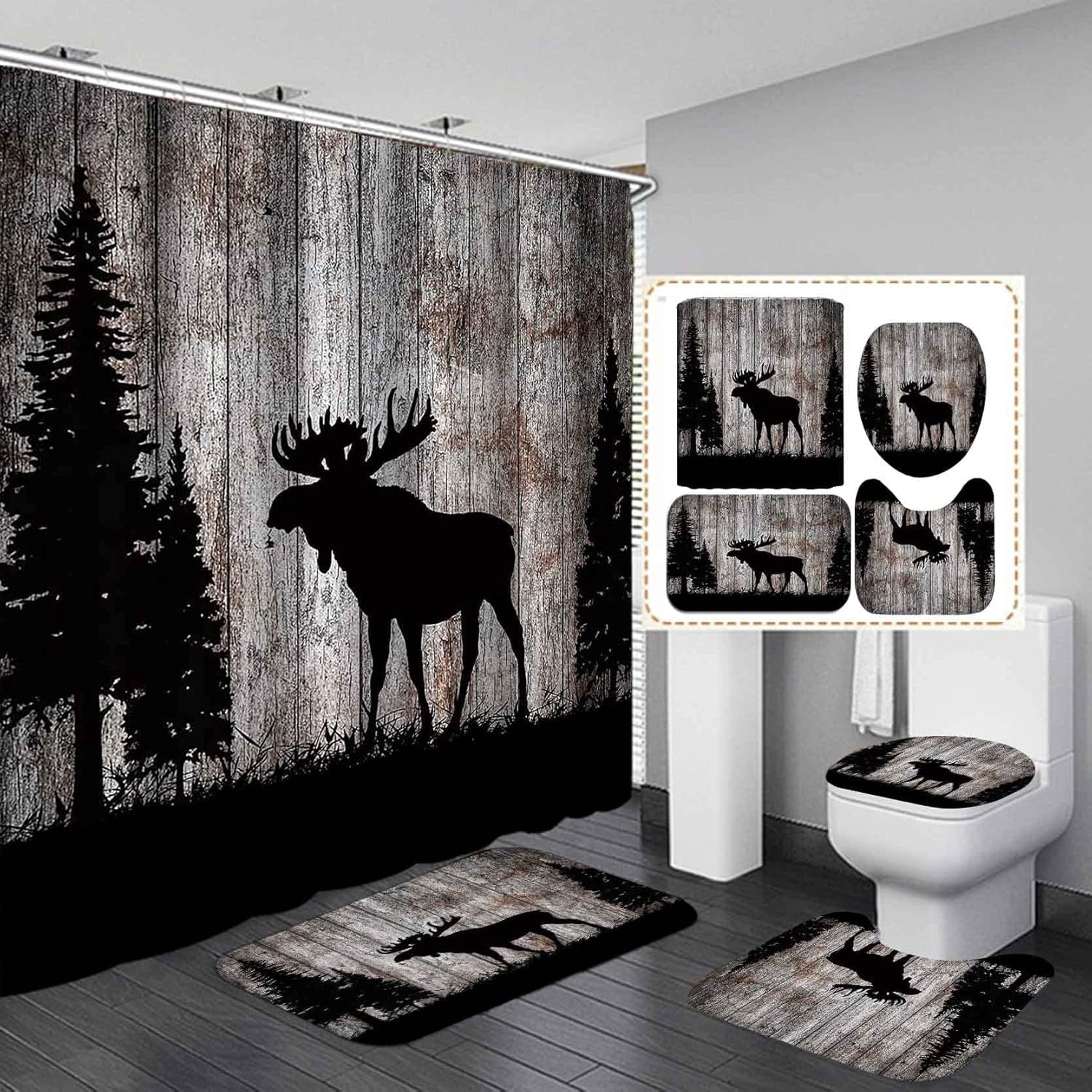 4PCS Deer Shower Curtain Set, Moose Elk Bear Pine Tree Woodland Animal ...