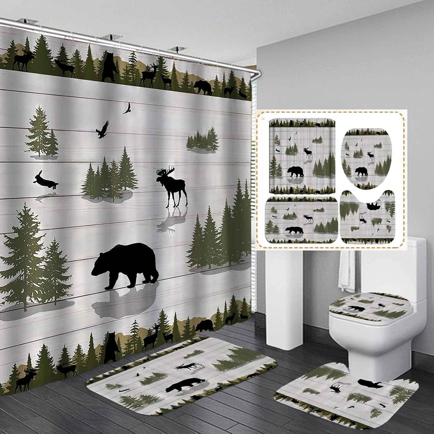 4PCS Deer Shower Curtain Set, Moose Elk Bear Pine Tree Woodland Animal ...