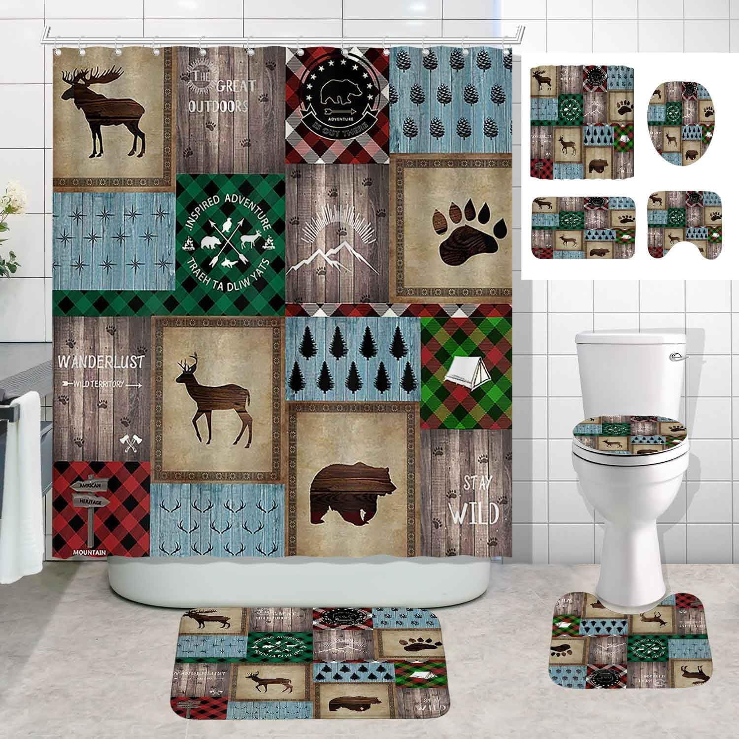 4PCS Deer Skull Shower Curtain Set, Black American Flag Pine Tree ...