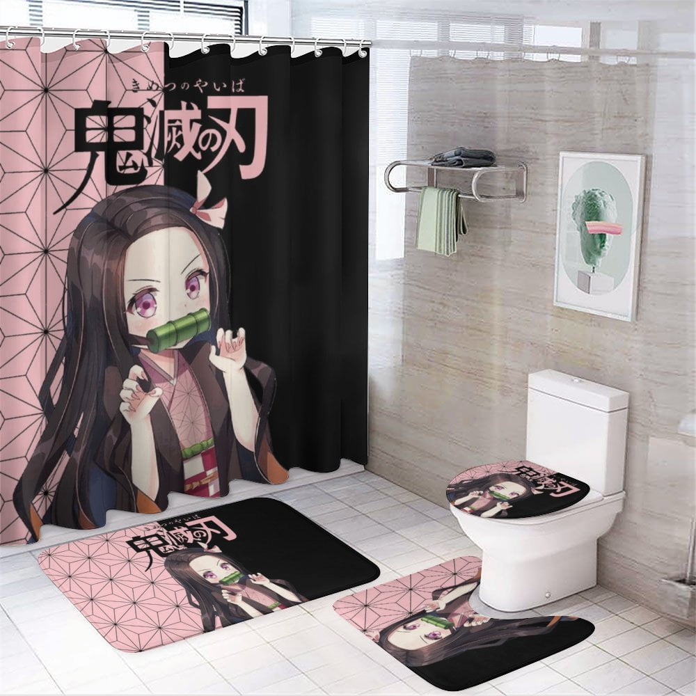 4PCS Demon Slayer Nezuko Shower Curtain Set with Non-Slip Rugs Toilet ...
