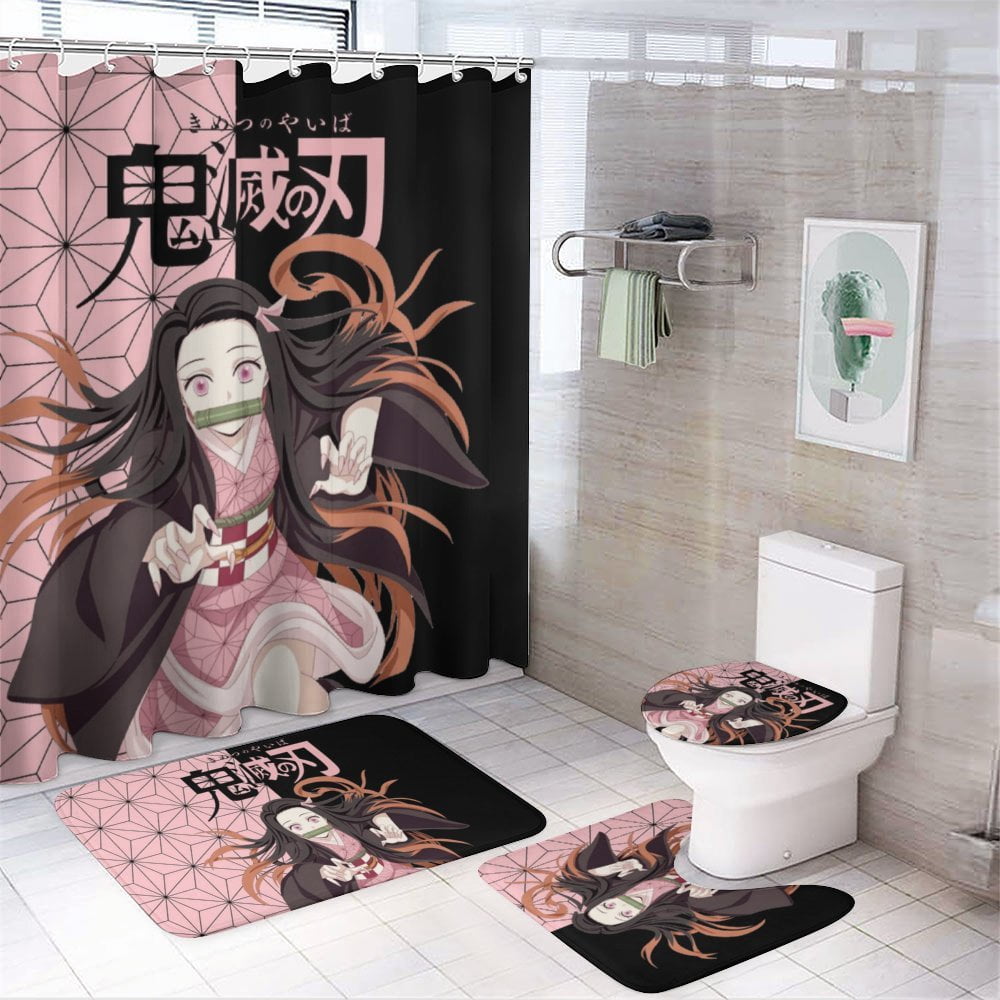 4PCS Demon Slayer Nezuko Shower Curtain Set with Non-Slip Rugs Toilet ...