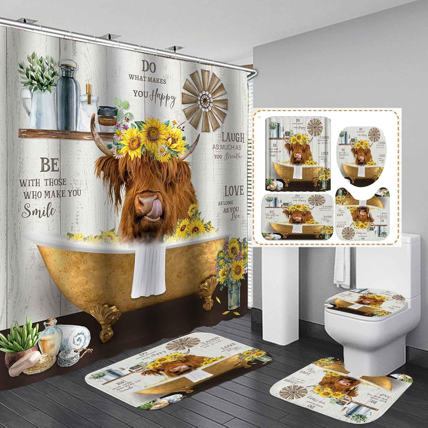 4PCS Donkey Highland Cow Shower Curtain Set, Sunflower Green Leaves ...