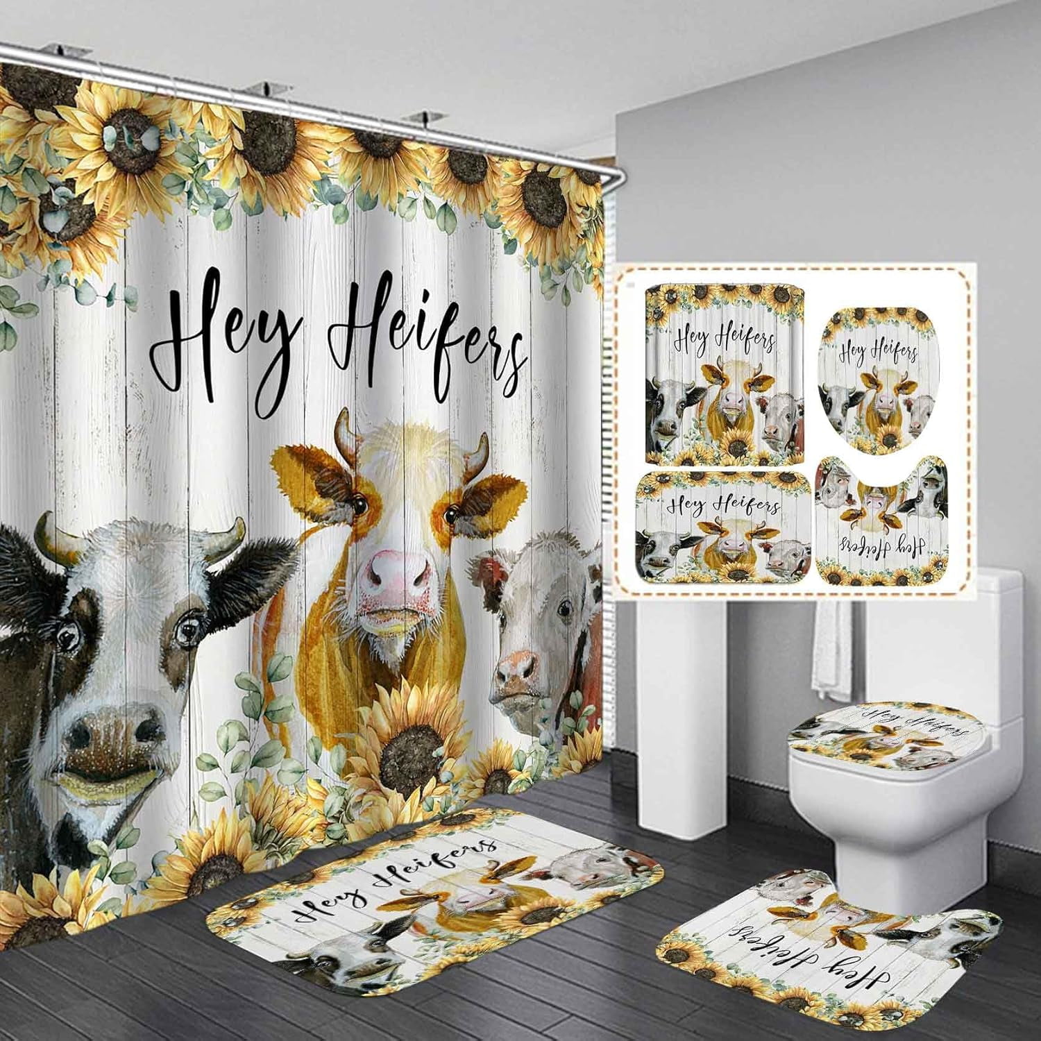 4PCS Donkey Highland Cow Shower Curtain Set, Sunflower Green Leaves ...