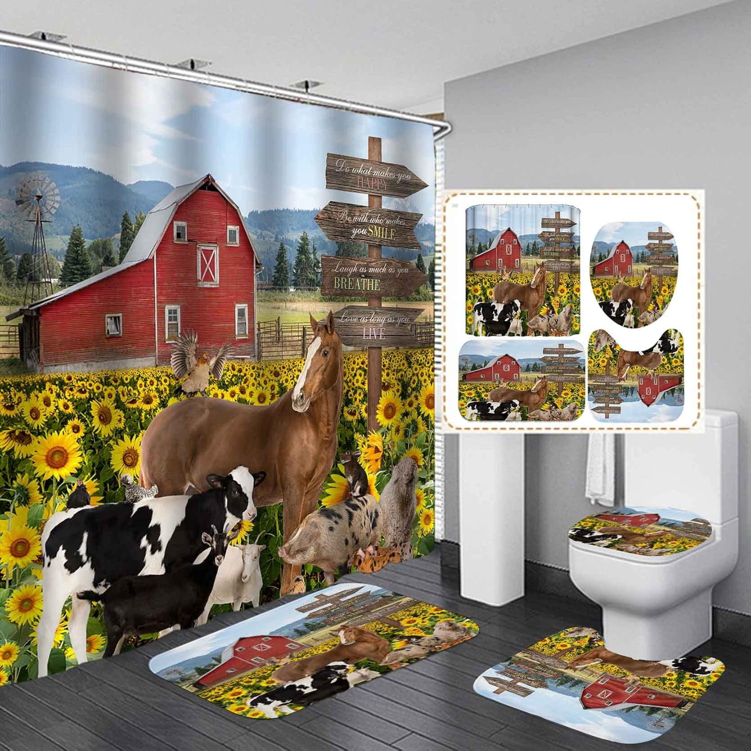 4PCS Donkey Highland Cow Shower Curtain Set, Sunflower Green Leaves ...