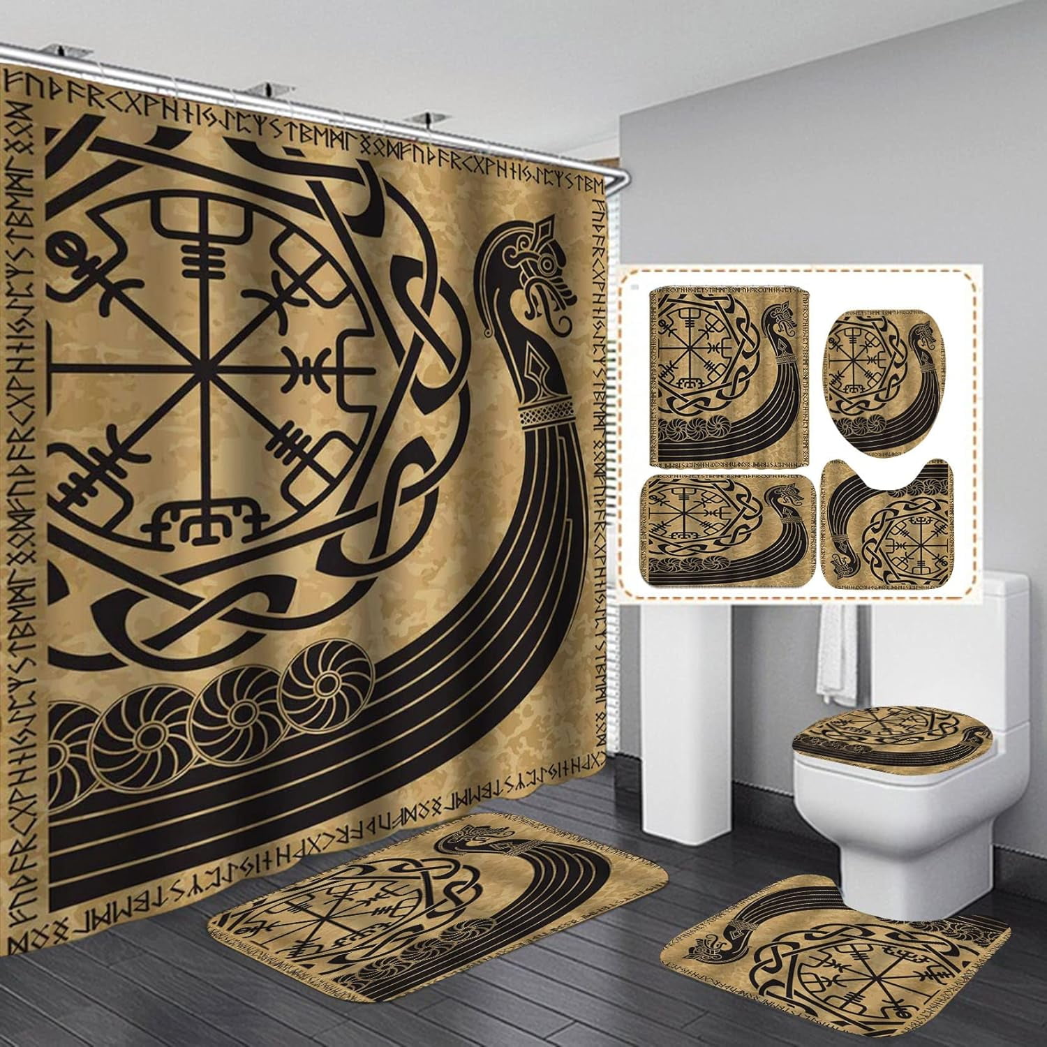 4PCS Dragon Head Viking Ship Shower Curtain Set, Man Cave Nautical ...