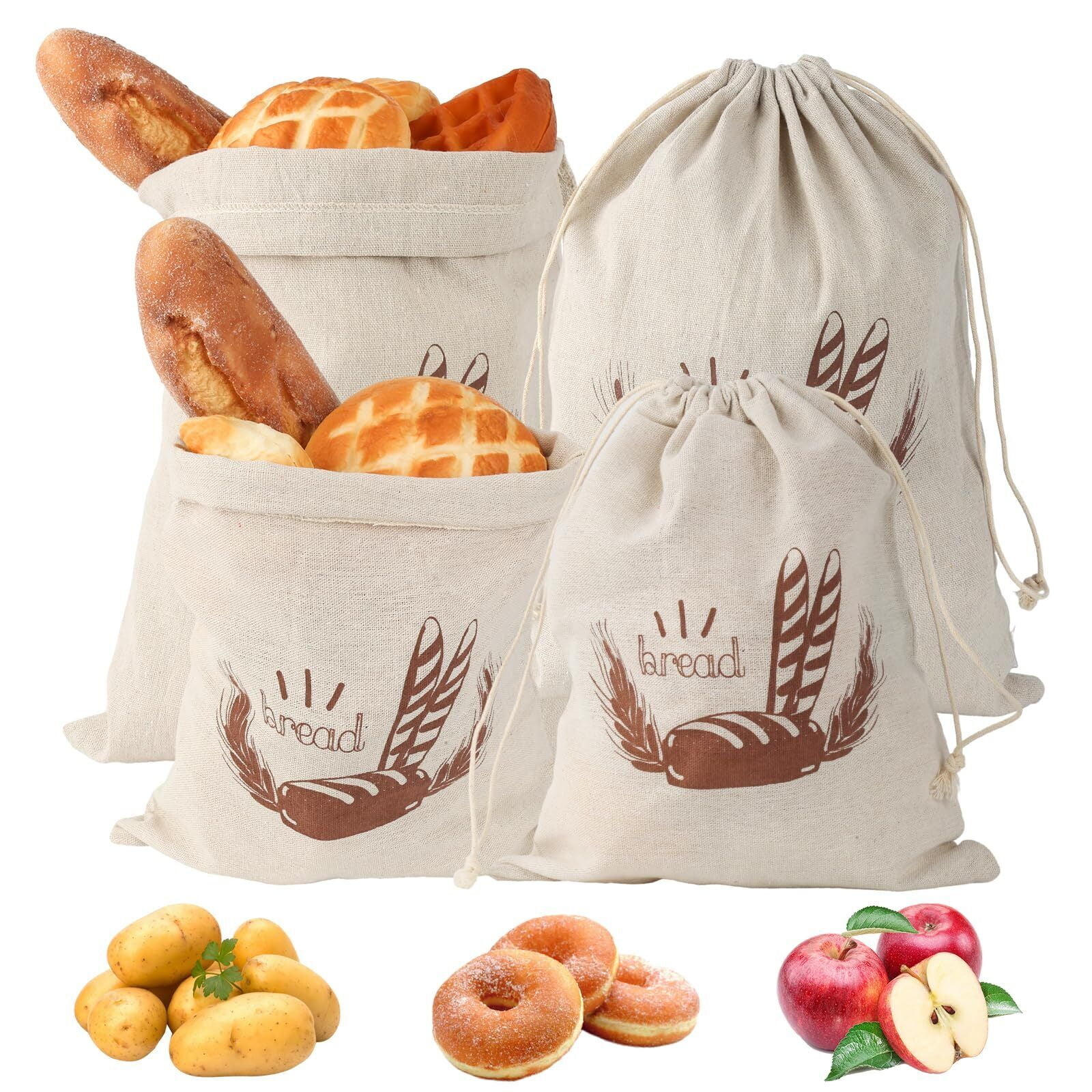 4PCS Dual-Size Linen Drawstring Bread Bags, Reusable Eco-Friendly Food ...