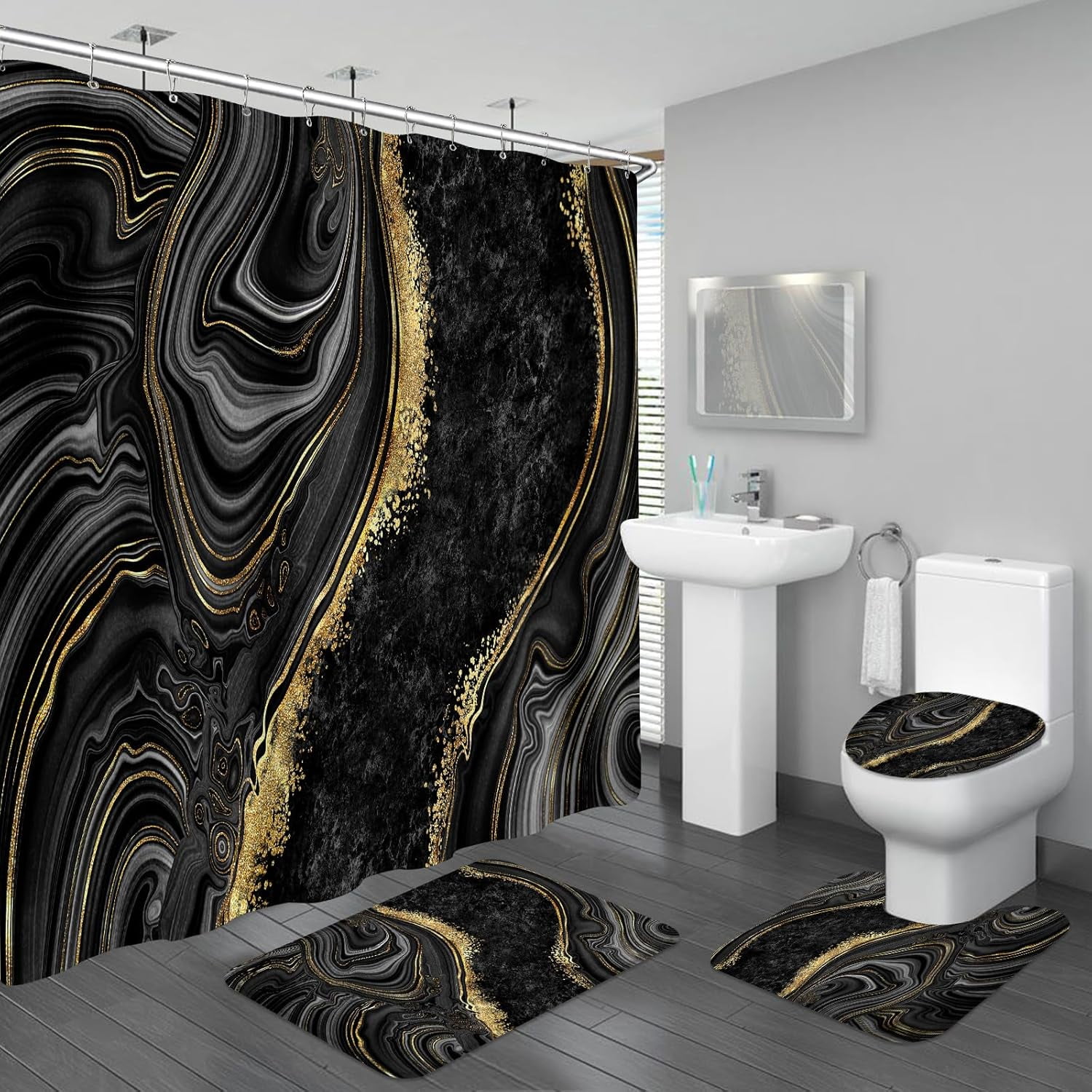 4PCS Emerald Green Marble Bathroom Set with Shower Curtain, Bath Mat ...