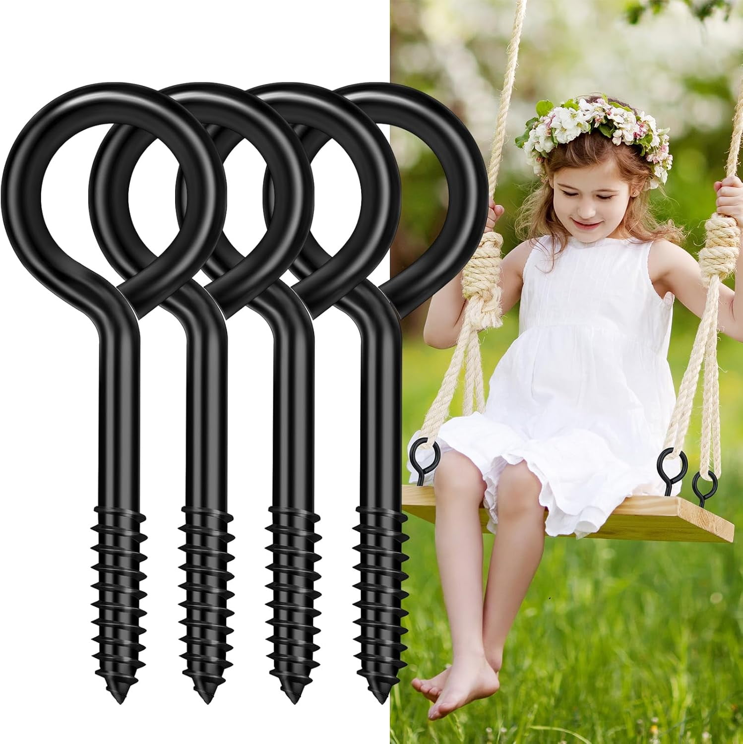 4PCS Eye Hooks Screw, 5 Inch Black Eye Hooks Screw Self Tapping Eye ...