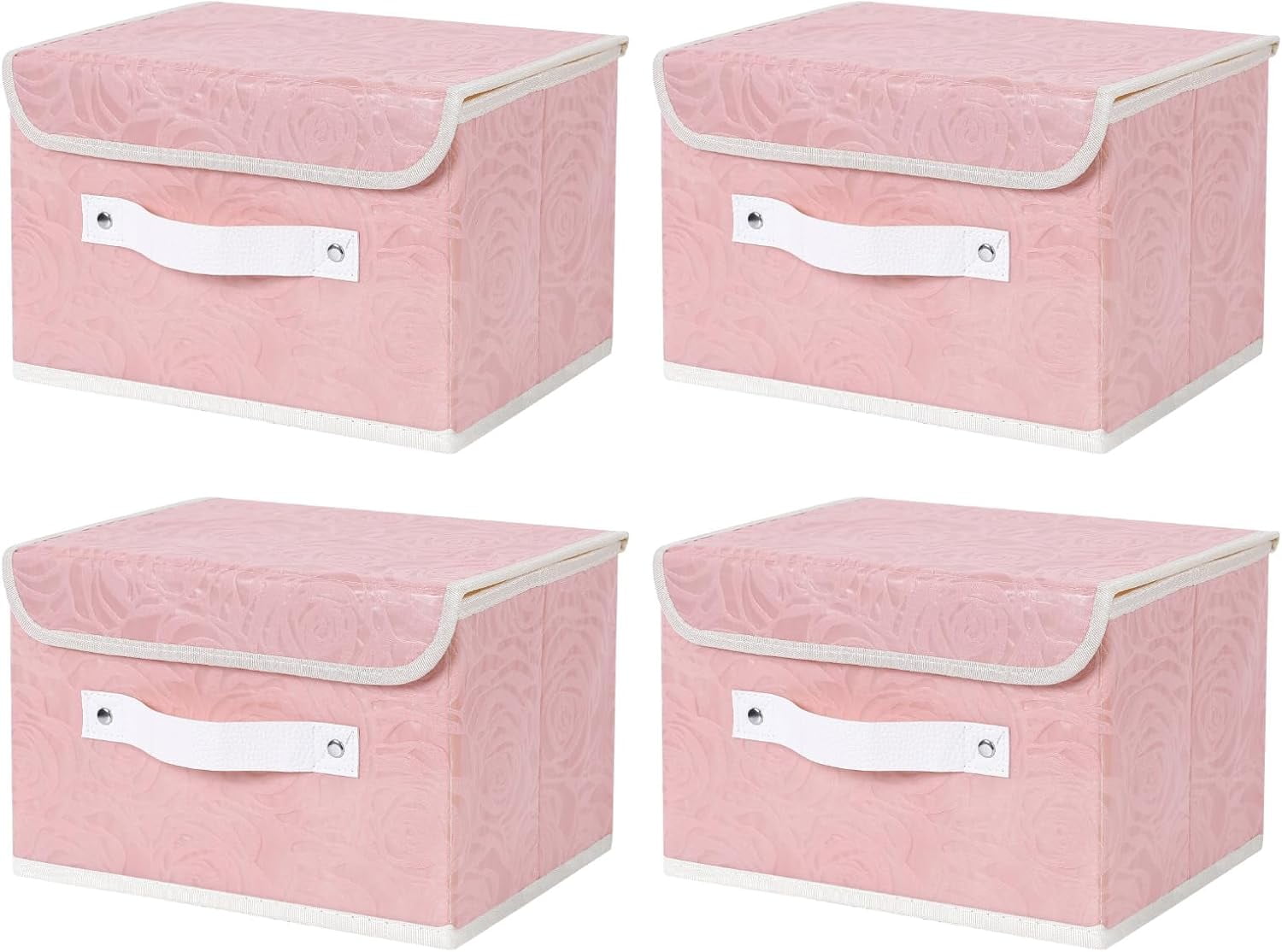 4PCS Fabric Storage Bin with Lid Rose Print Storage Box Basket with PU ...