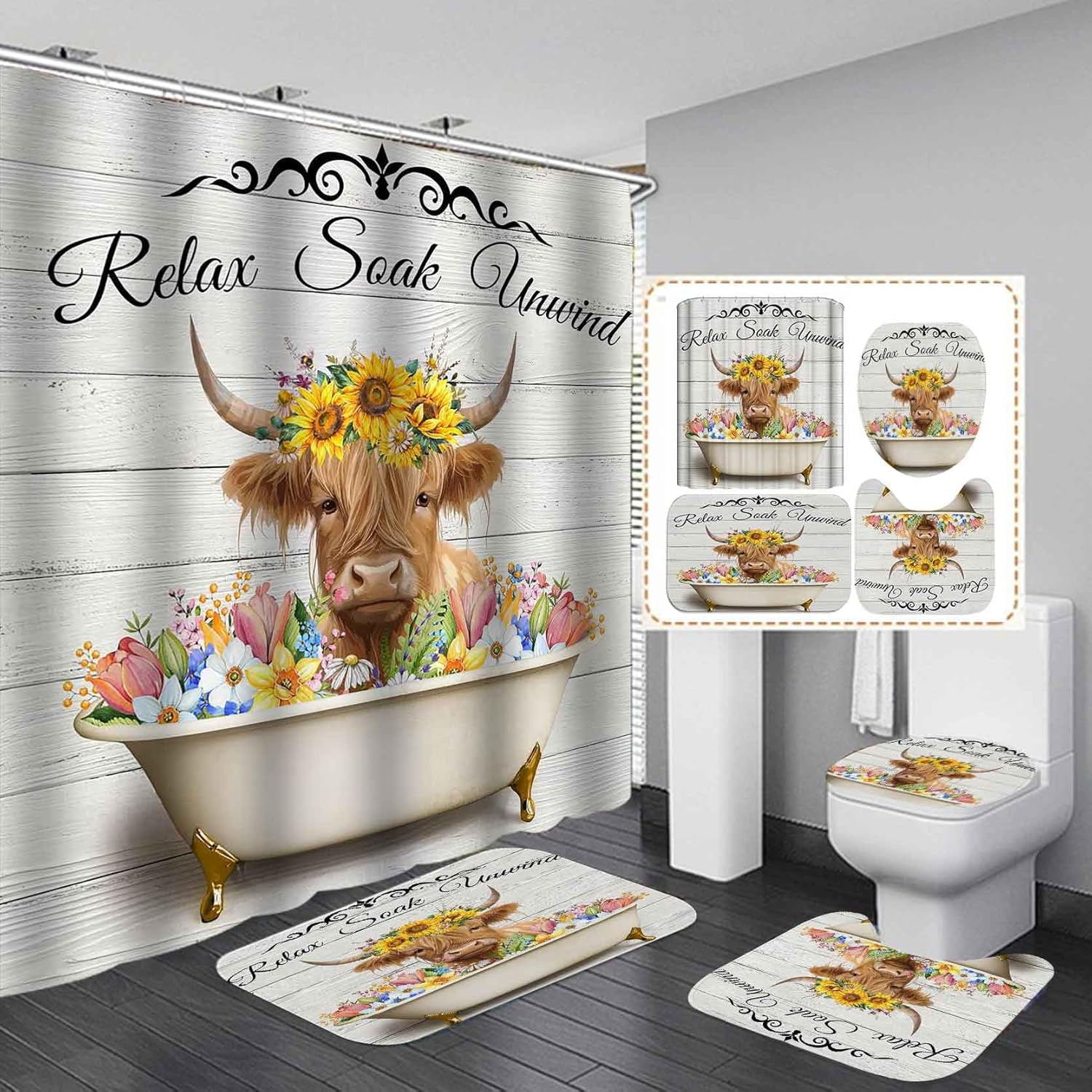 4PCS Funny Cow Shower Curtain Sets with Rugs, Waterproof Fabric Shower ...