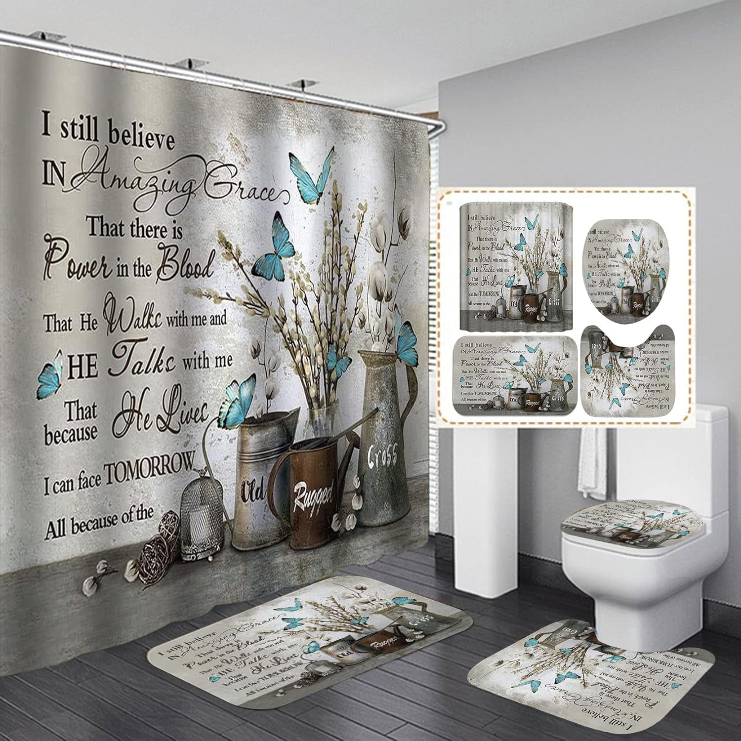 4PCS Farmhouse Shower Curtain Set, Bless This Home Cotton Flower Teal ...