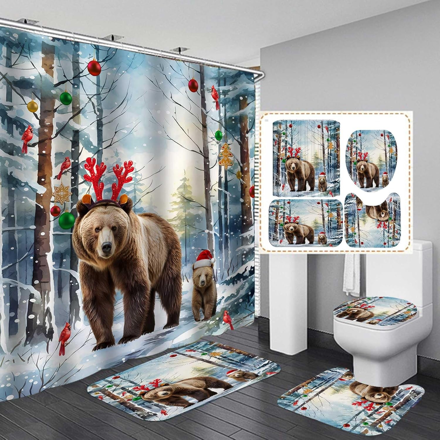 4PCS Farmhouse Shower Curtain Set, Country Vintage Wood Plank Woodland ...