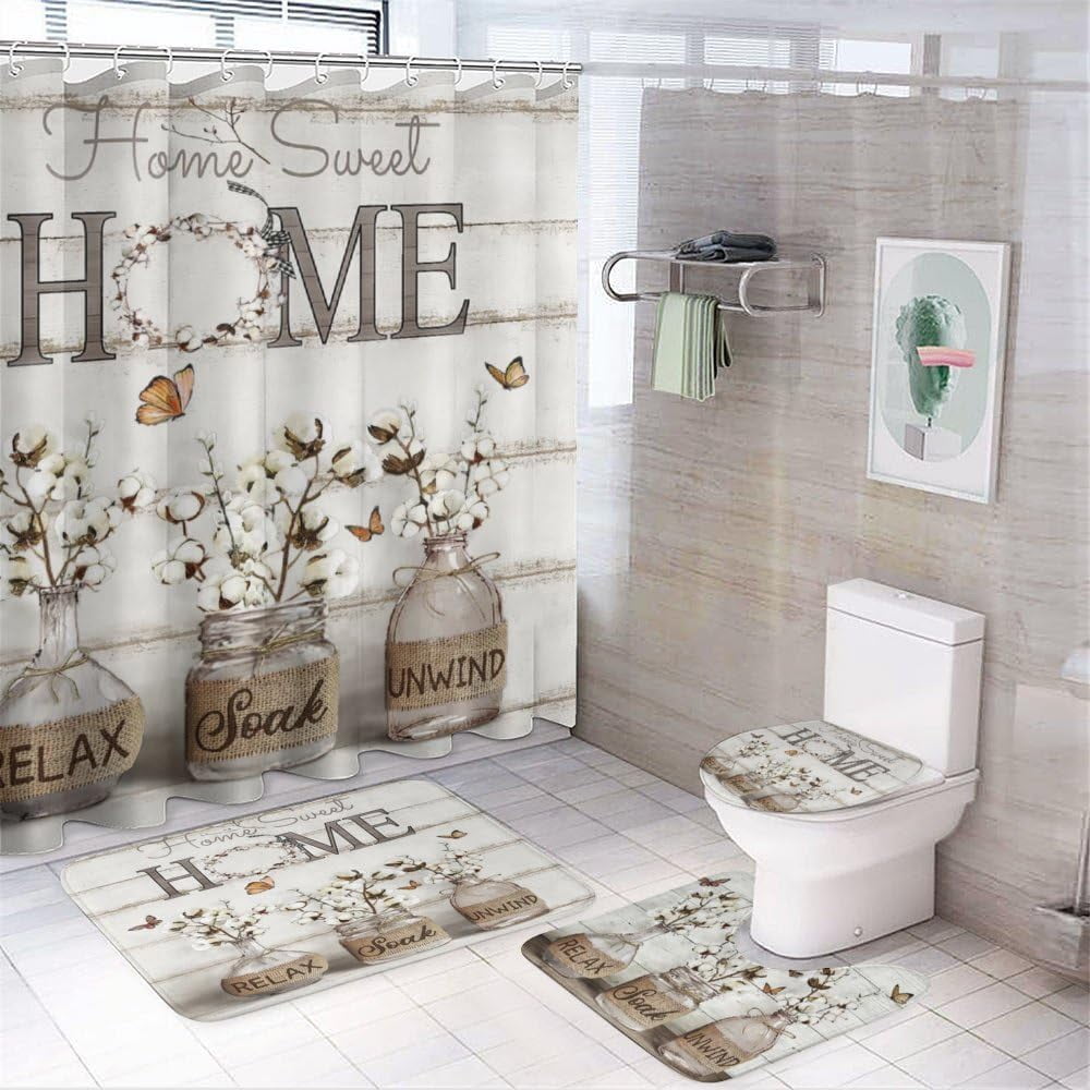 4PCS Farmhouse Shower Curtain Set With Rugs - Neutral Rustic Country ...