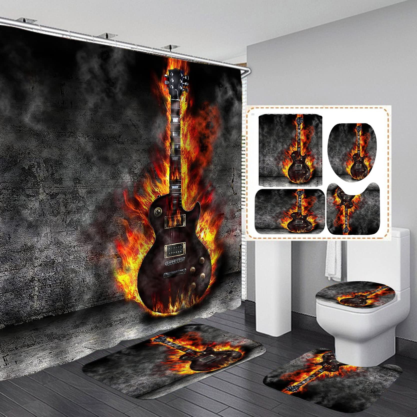 4PCS Fire Burning Electric Guitar Shower Curtain Sets St Wall Modern ...