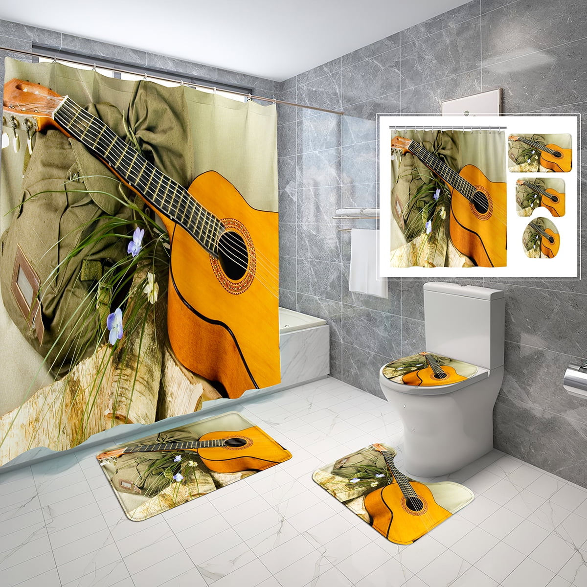 4PCS Fire Burning Electric Guitar Shower Curtain Sets St Wall Modern ...