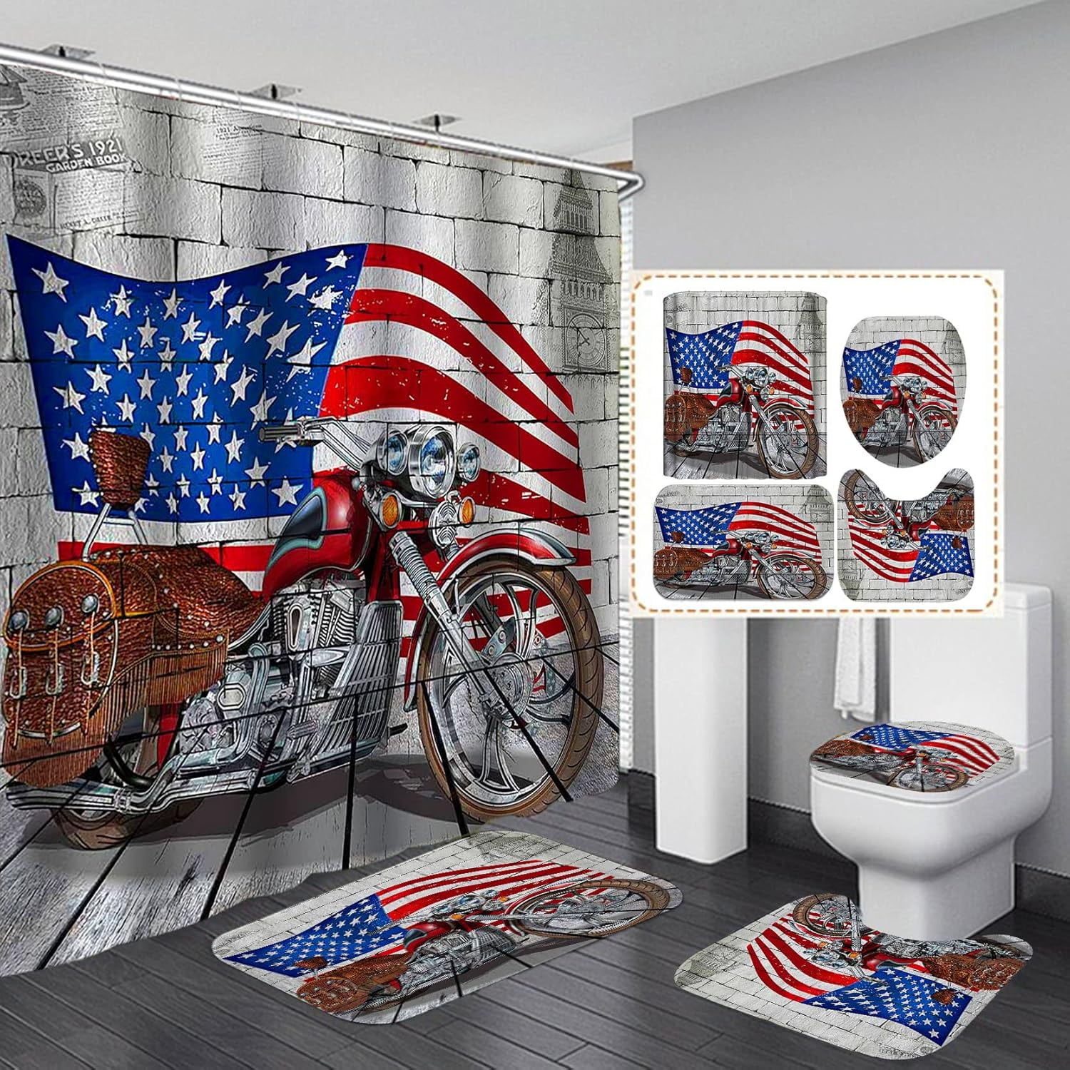 4PCS Fire Motorcycle Shower Curtain Set, Flaming Skull Motocross ...