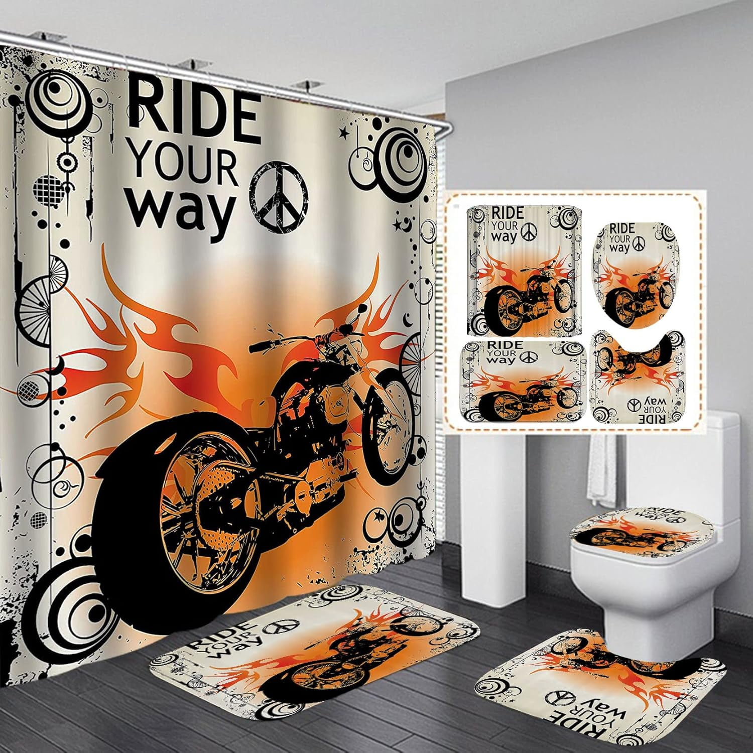 4PCS/Set Vintage USA Flag Motorcycle Shower Curtain Sets, Fourth of ...