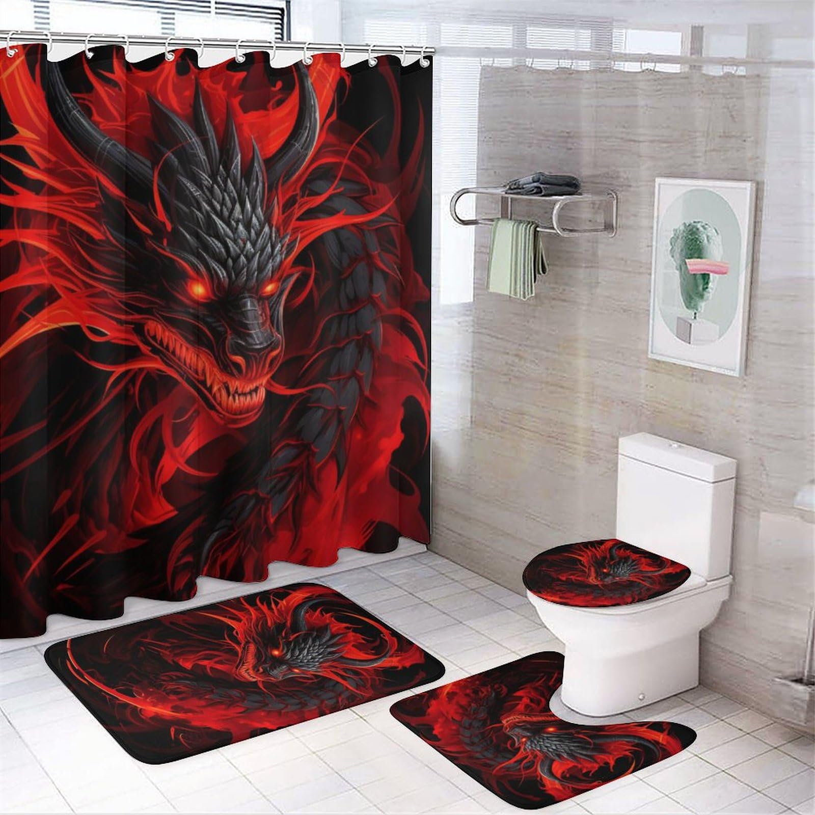 4PCS Fire Red Dragon Shower Curtain Set Retro Power Ancient Fantasy ...